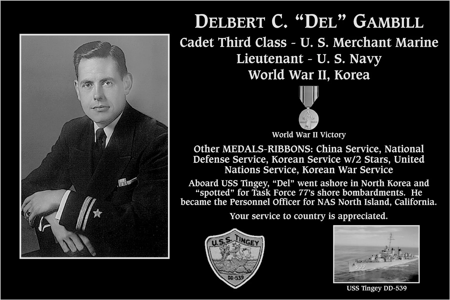 Lieutenant Delbert C Gambill | Mt. Soledad Virtual Plaque