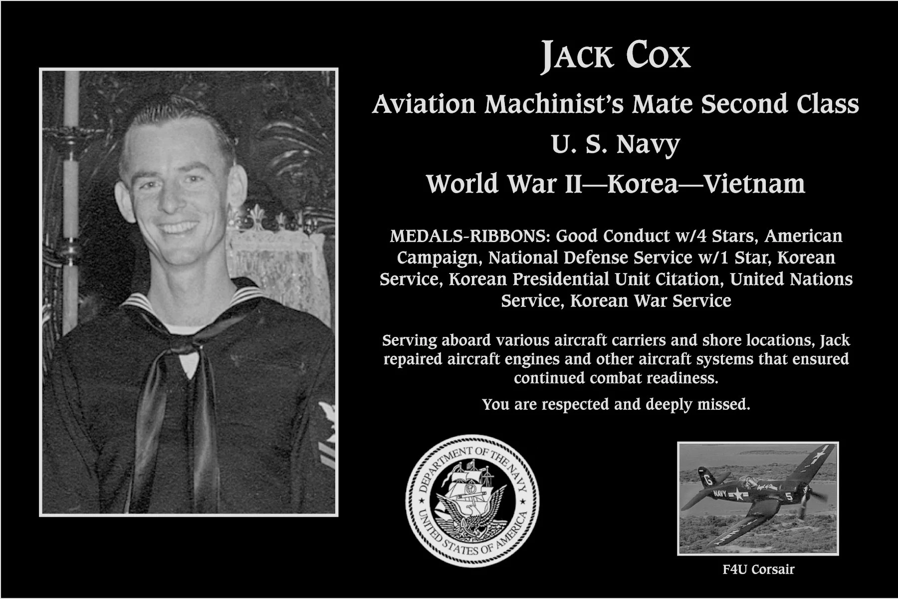 Petty Officer Second Class Jack Cox | Mt. Soledad Virtual Plaque