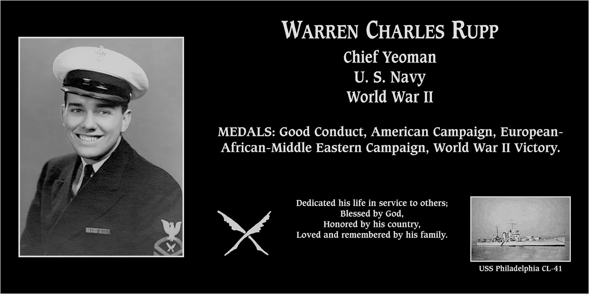 Chief Petty Officer Warren Charles Rupp | Mt. Soledad Virtual Plaque