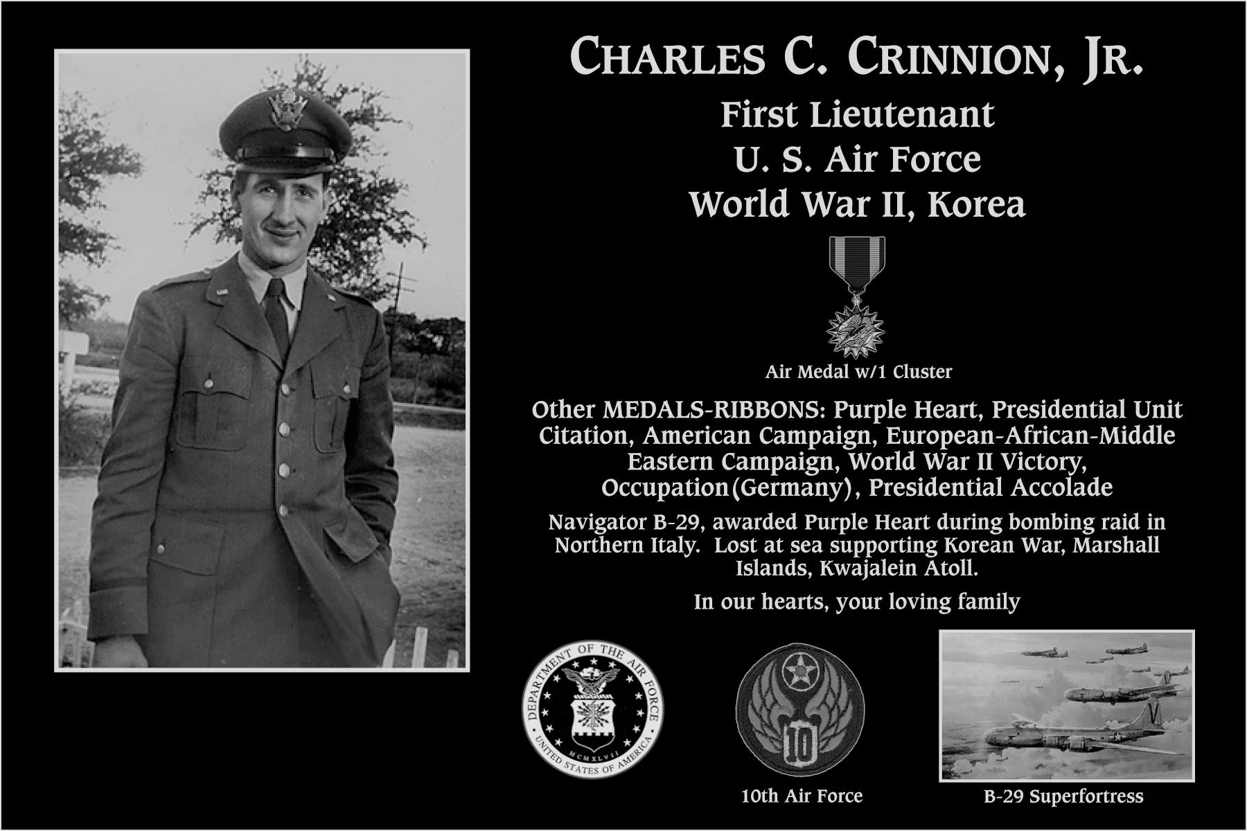 First Lieutenant Charles C Crinnion, Jr. | Mt. Soledad Virtual Plaque