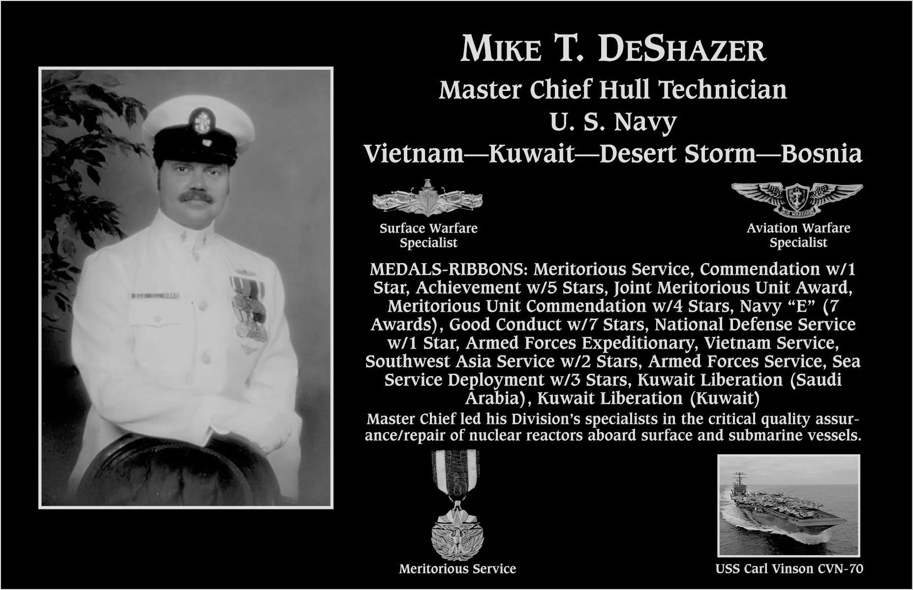 Master Chief Petty Officer Michael T DeShazer | Mt. Soledad Virtual Plaque
