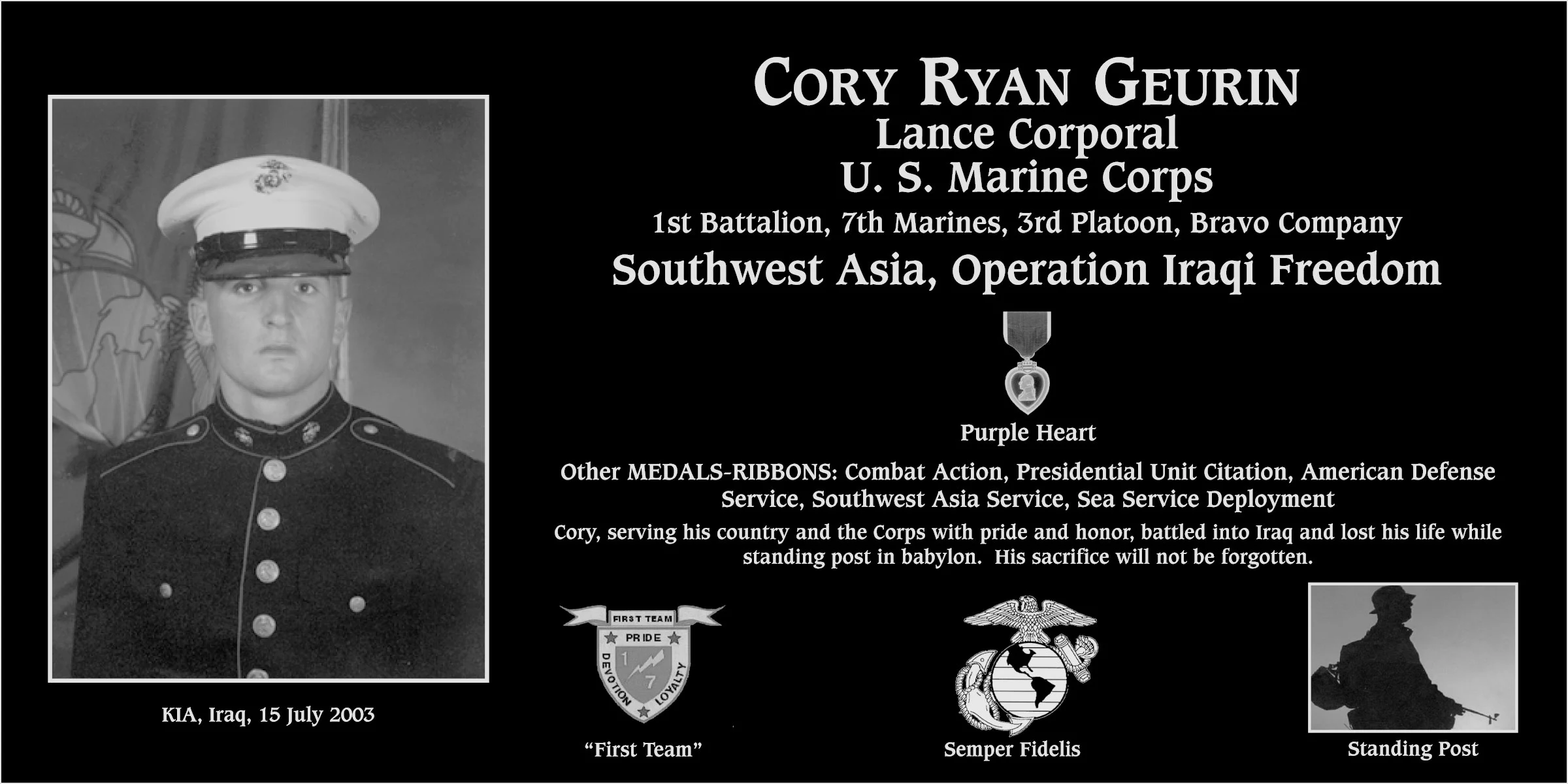 Lance Corporal Cory Ryan Geurin | Mt. Soledad Virtual Plaque