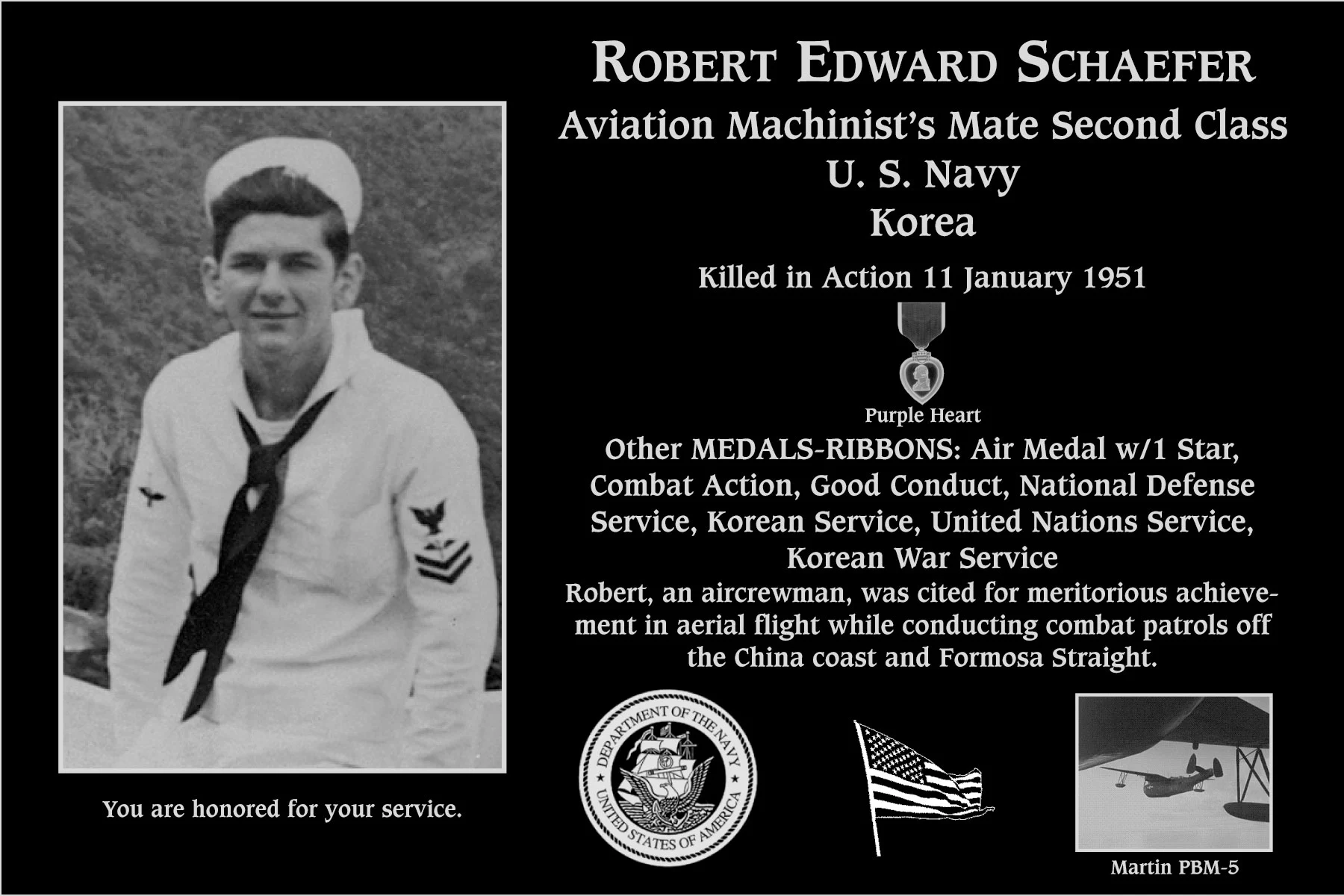 Petty Officer Second Class Robert Edward Schaefer | Mt. Soledad Virtual Plaque