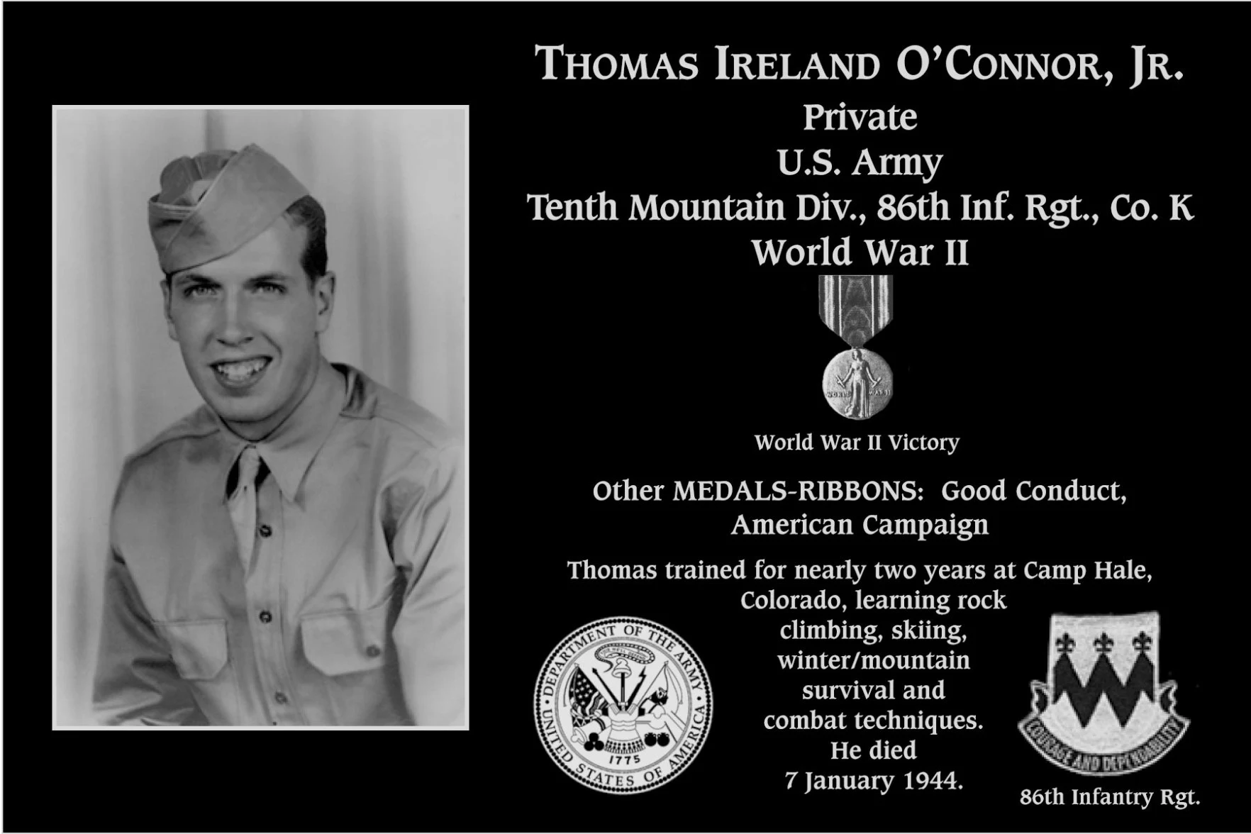 Private Thomas Ireland O'Connor, Jr. | Mt. Soledad Virtual Plaque