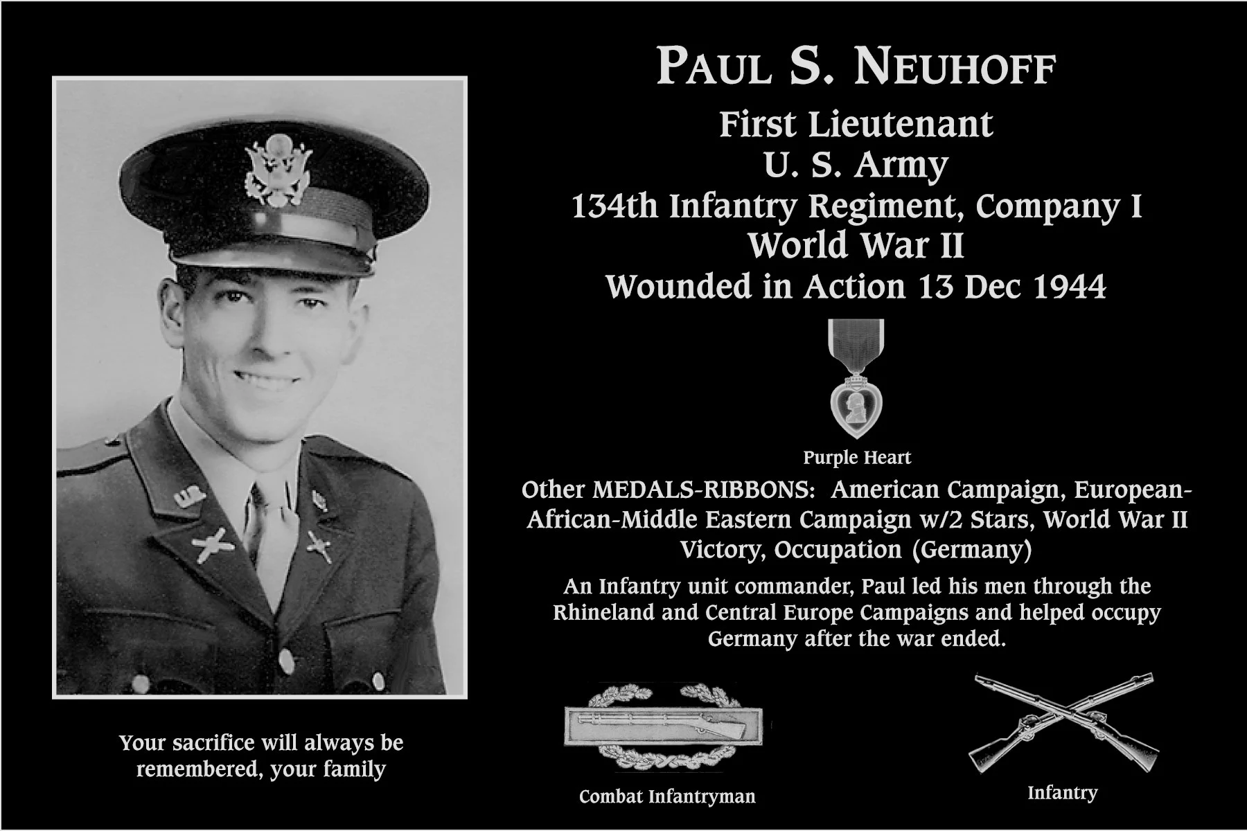 First Lieutenant Paul S Neuhoff | Mt. Soledad Virtual Plaque