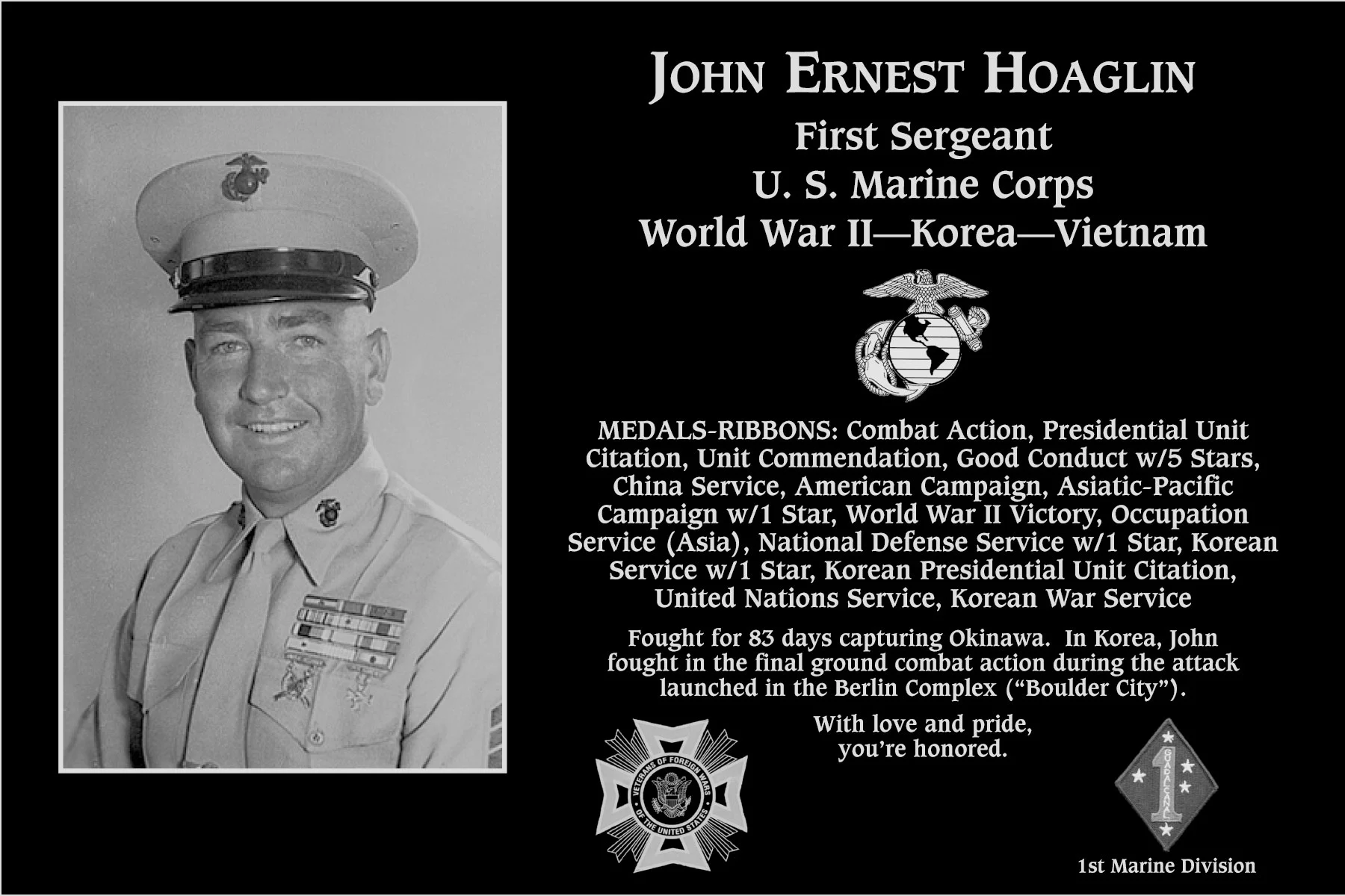First Sergeant John Ernest Hoaglin | Mt. Soledad Virtual Plaque
