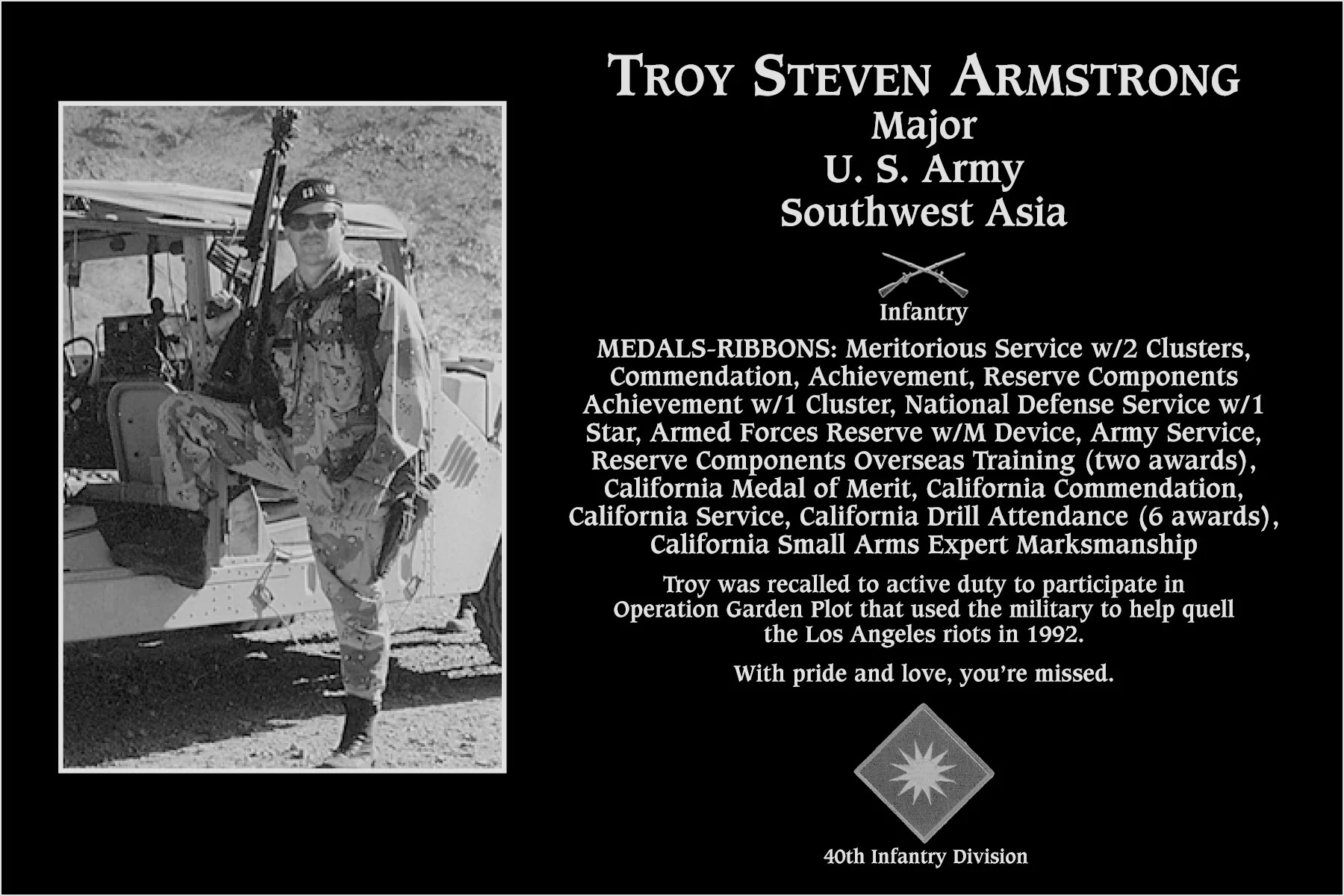 Major Troy Steven Armstrong | Mt. Soledad Virtual Plaque