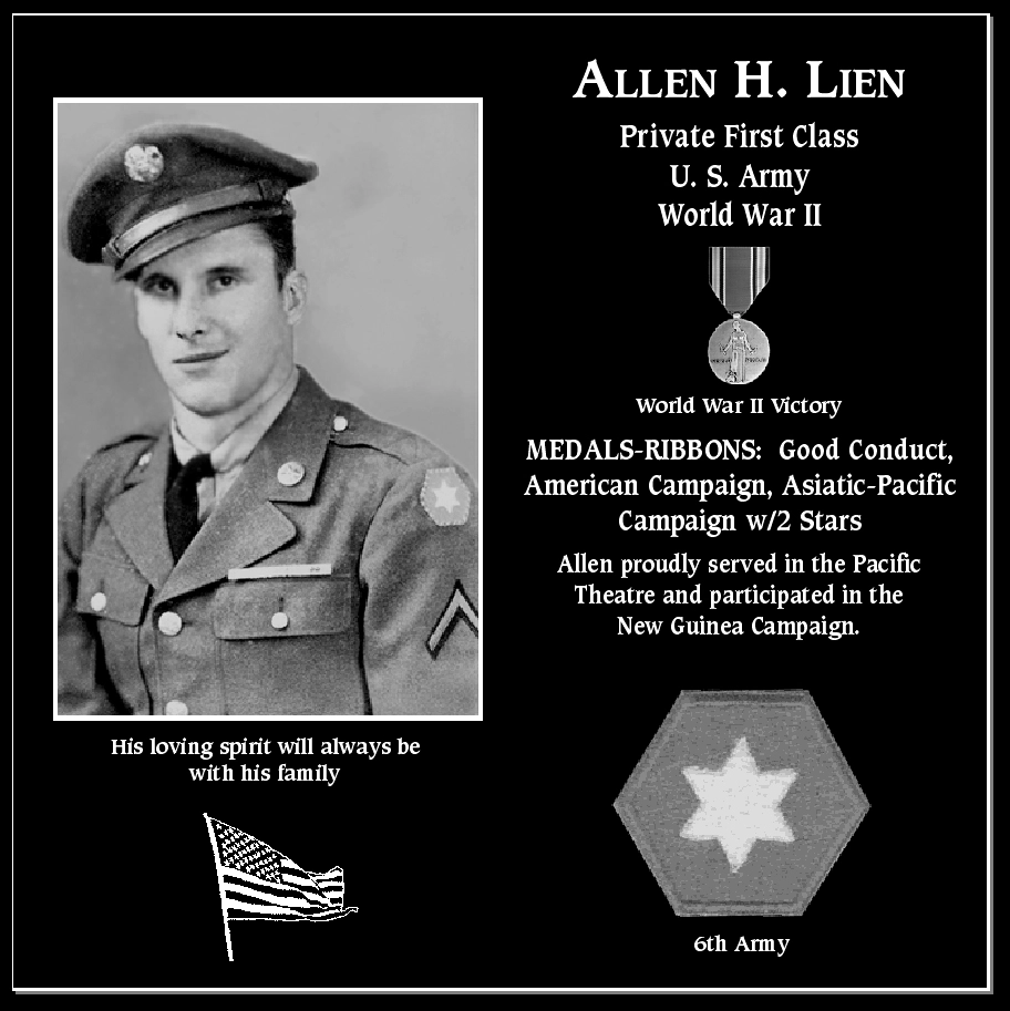 Private First Class Allen H Lien | Mt. Soledad Virtual Plaque