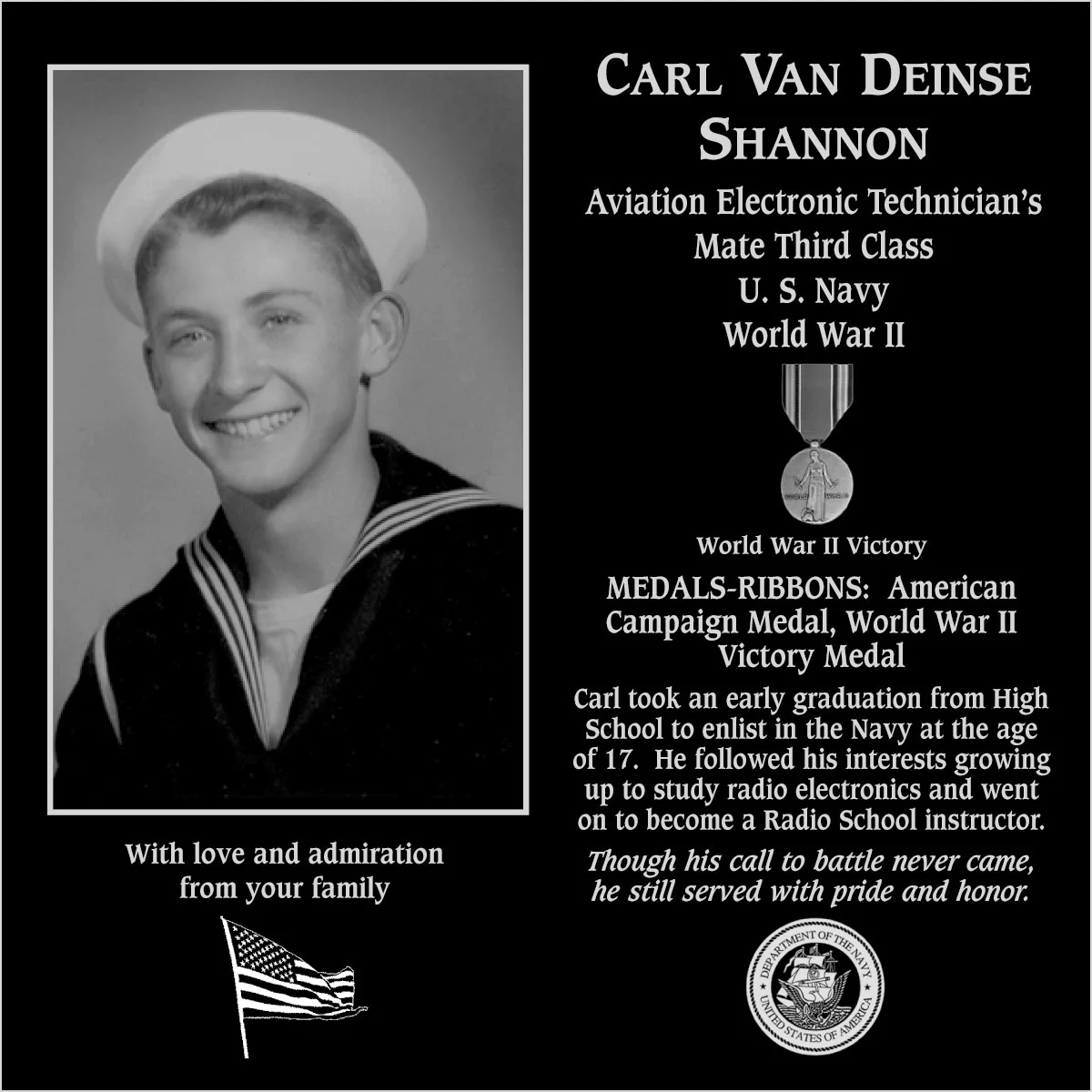 Petty Officer Third Class Carl Van Deinse Shannon | Mt. Soledad Virtual ...