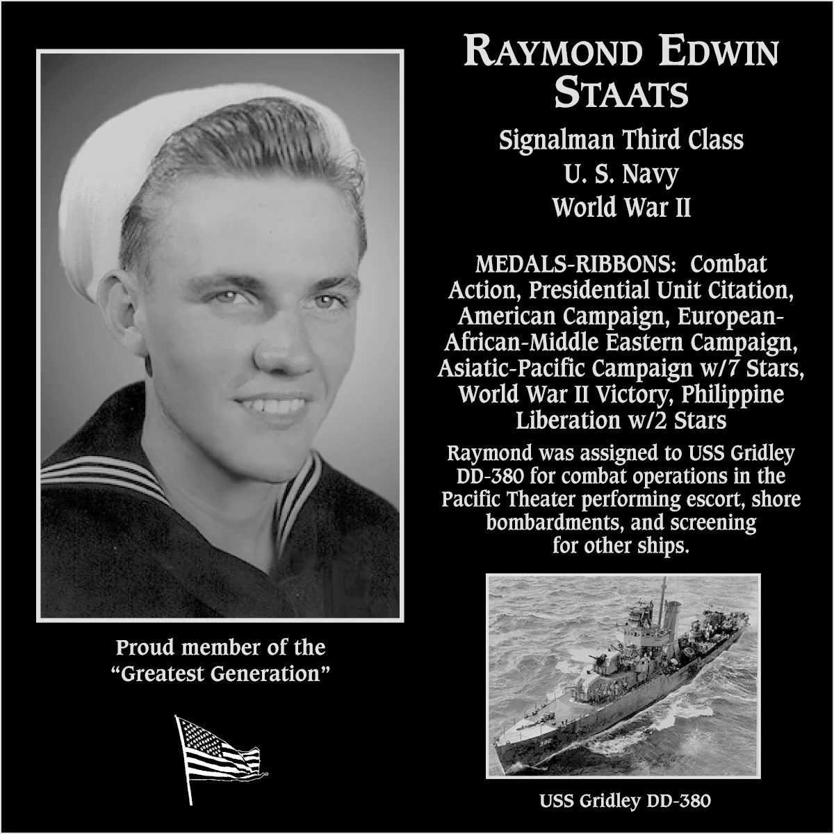Petty Officer Third Class Raymond Edwin Staats | Mt. Soledad Virtual Plaque