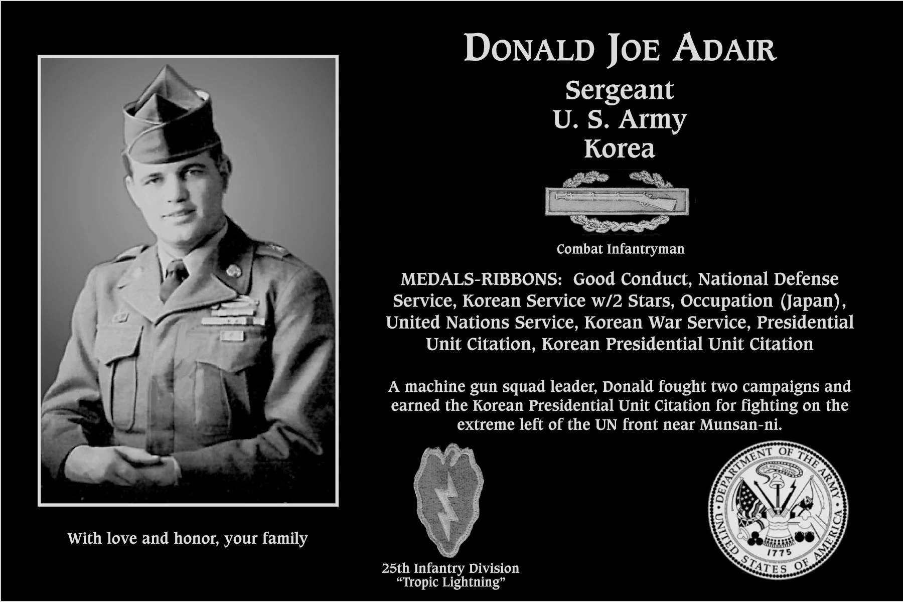 Sergeant Donald Joe Adair | Mt. Soledad Virtual Plaque