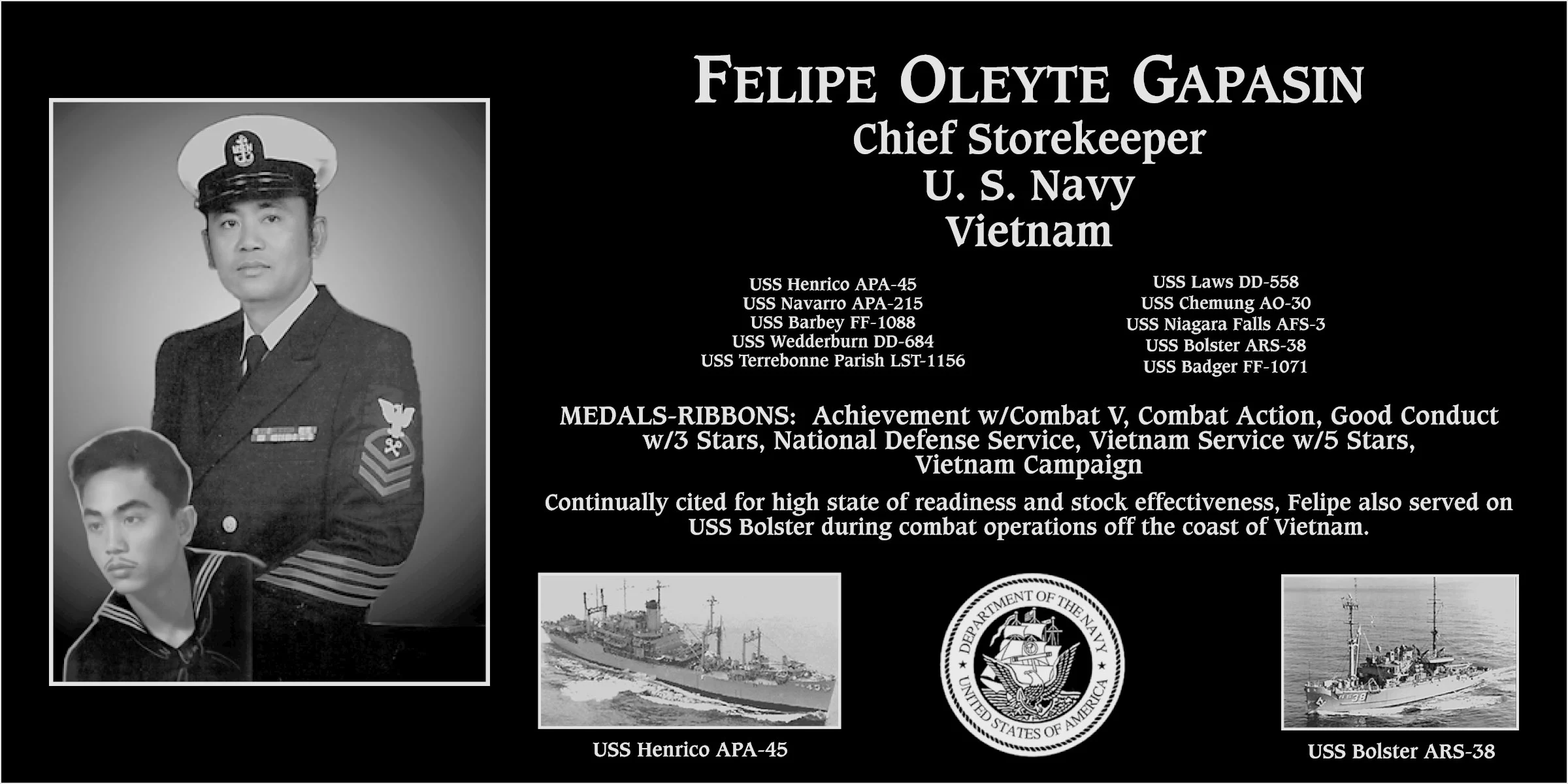 Chief Petty Officer Filipe Oleyte Gapasin | Mt. Soledad Virtual Plaque
