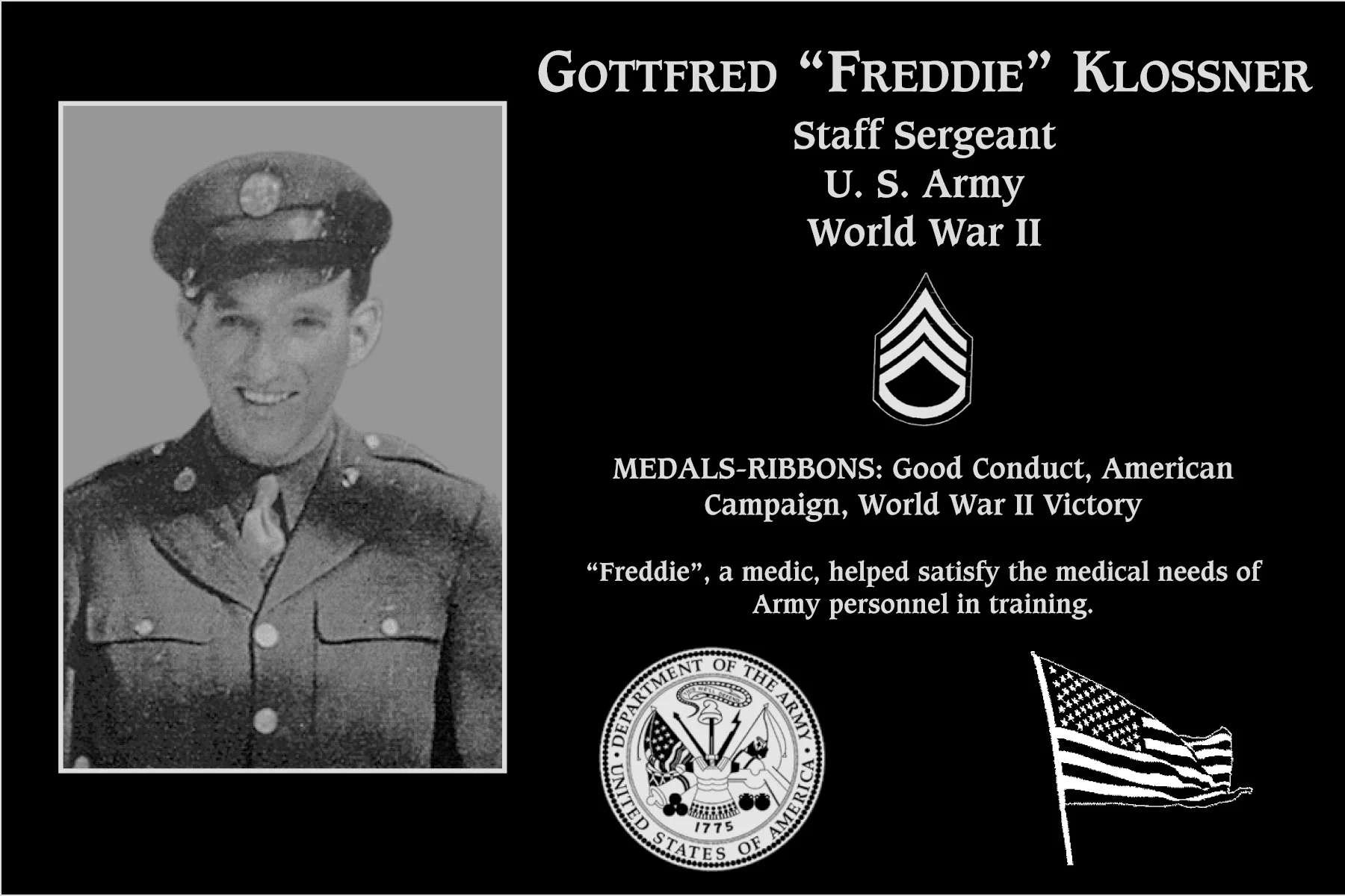 Staff Sergeant Gottfred Klossner | Mt. Soledad Virtual Plaque