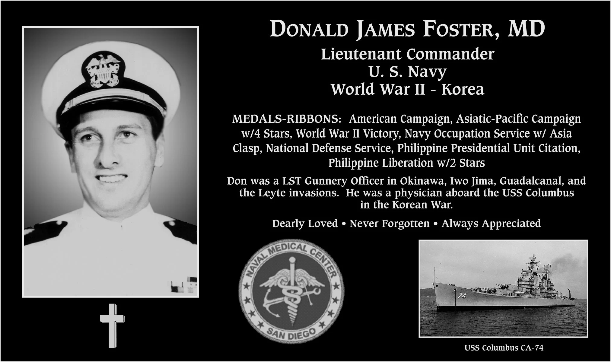 Lieutenant Commander Donald James Foster | Mt. Soledad Virtual Plaque