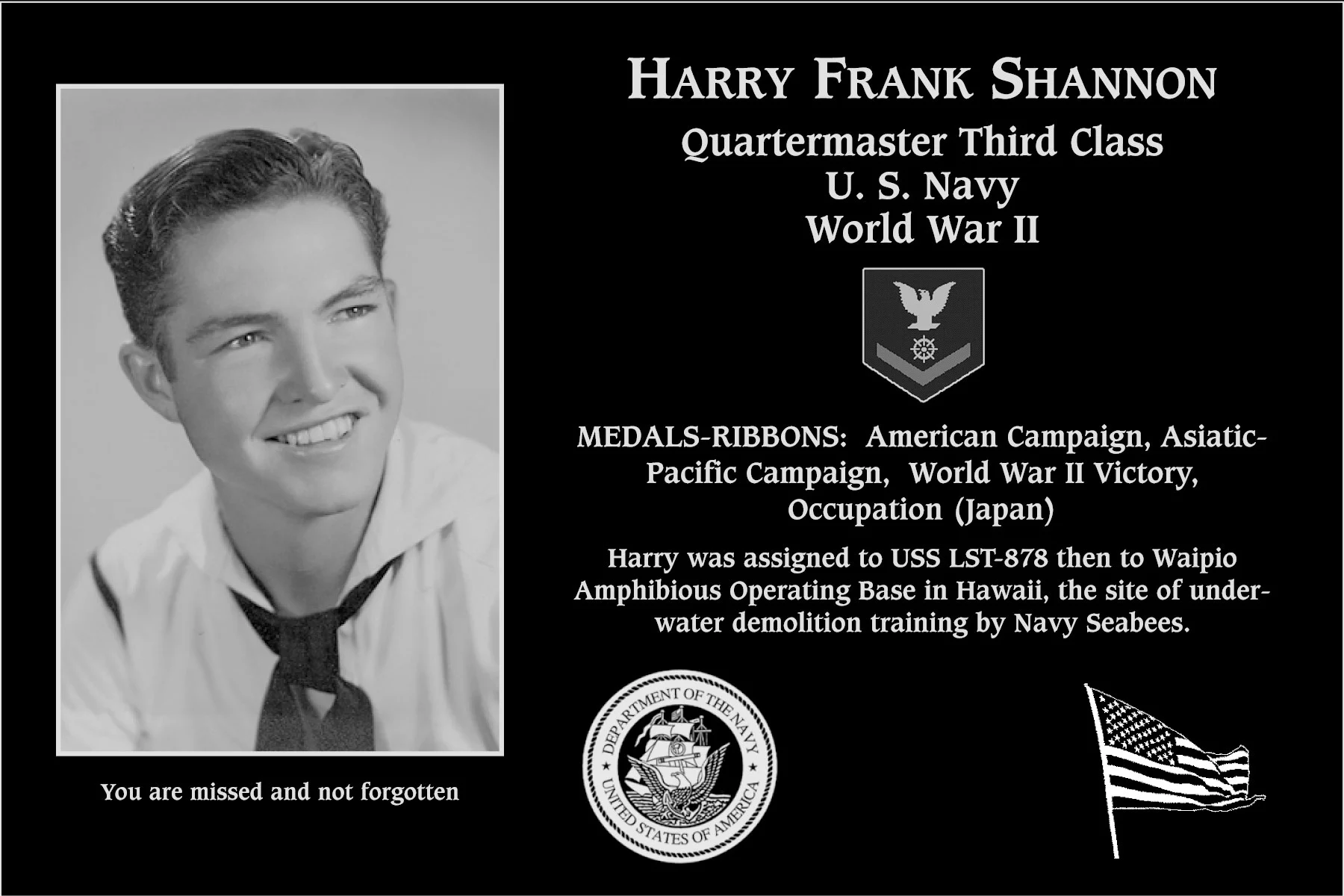 Petty Officer Third Class Harry Frank Shannon | Mt. Soledad Virtual Plaque