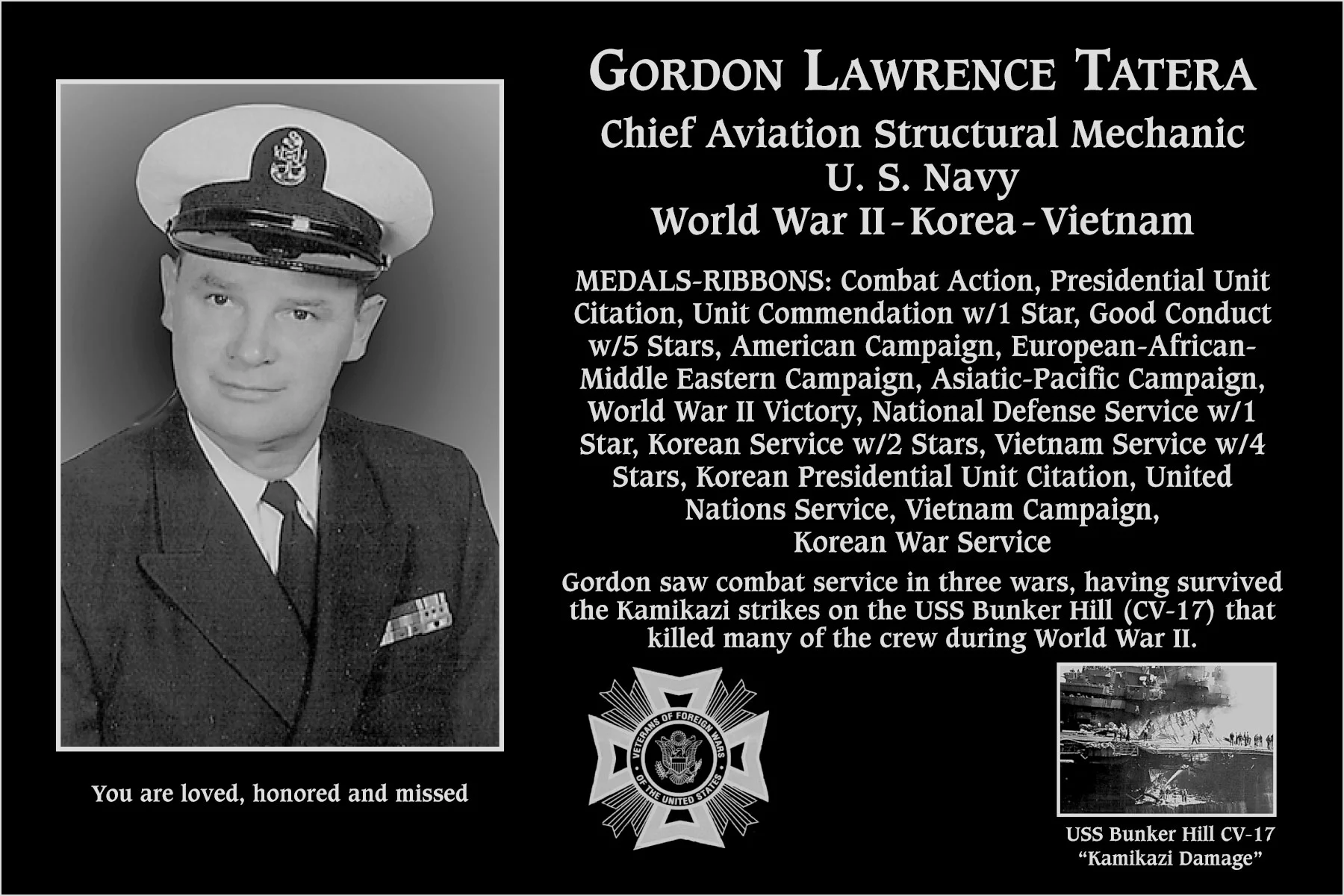 Chief Petty Officer Gordon Lawrence Tatera | Mt. Soledad Virtual Plaque