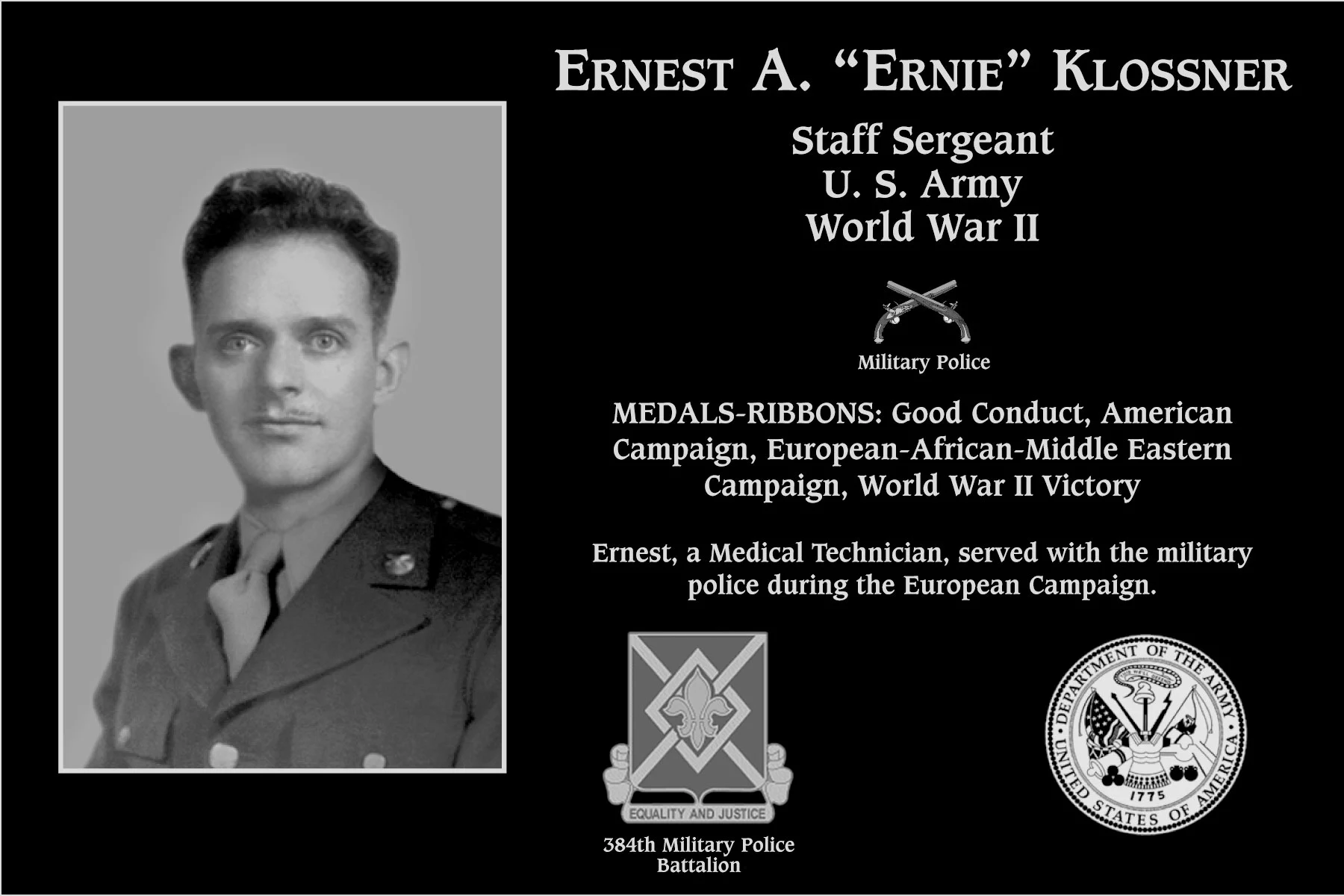 Staff Sergeant Ernest A Klossner | Mt. Soledad Virtual Plaque