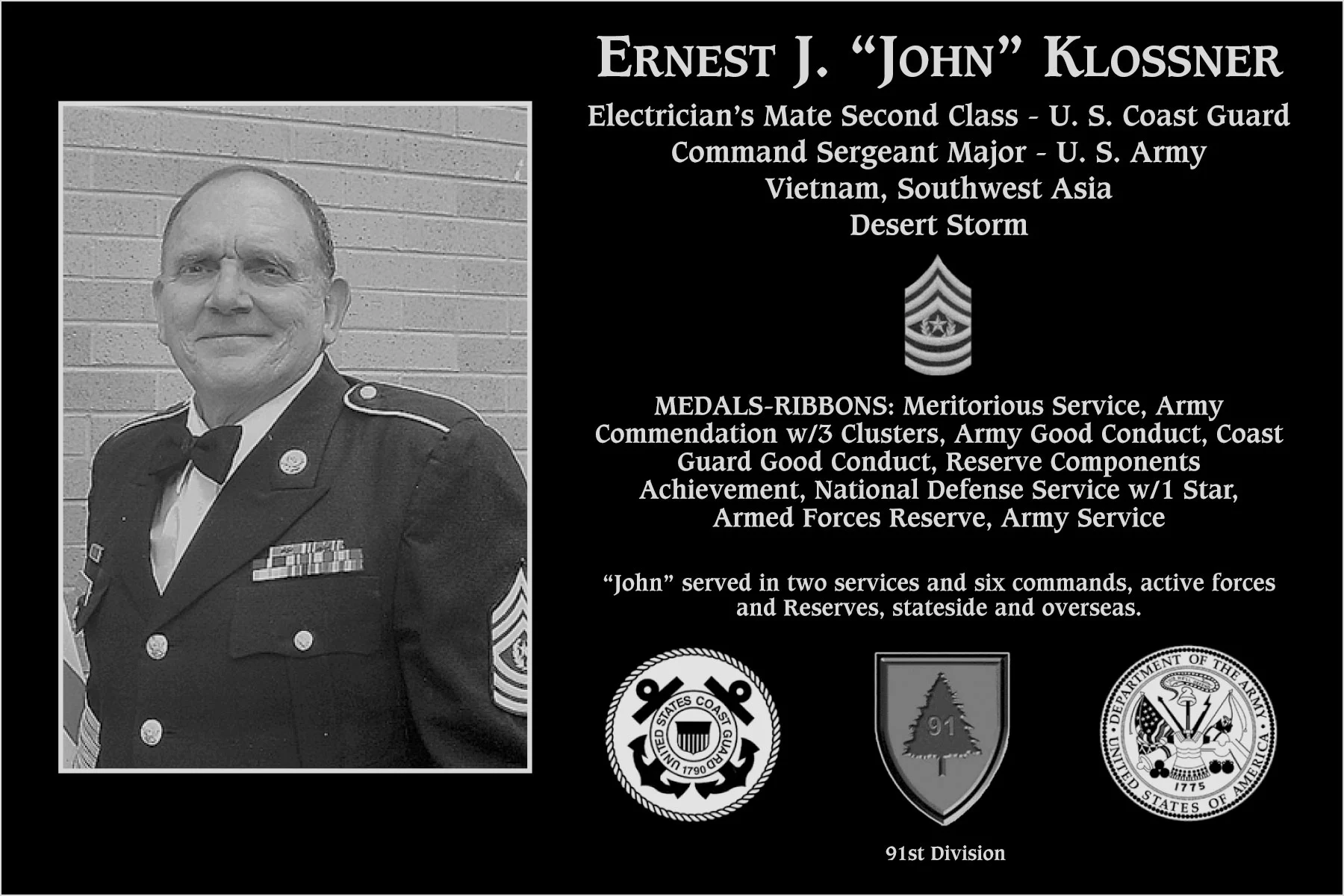 Command Sergeant Major Ernest J Klossner | Mt. Soledad Virtual Plaque