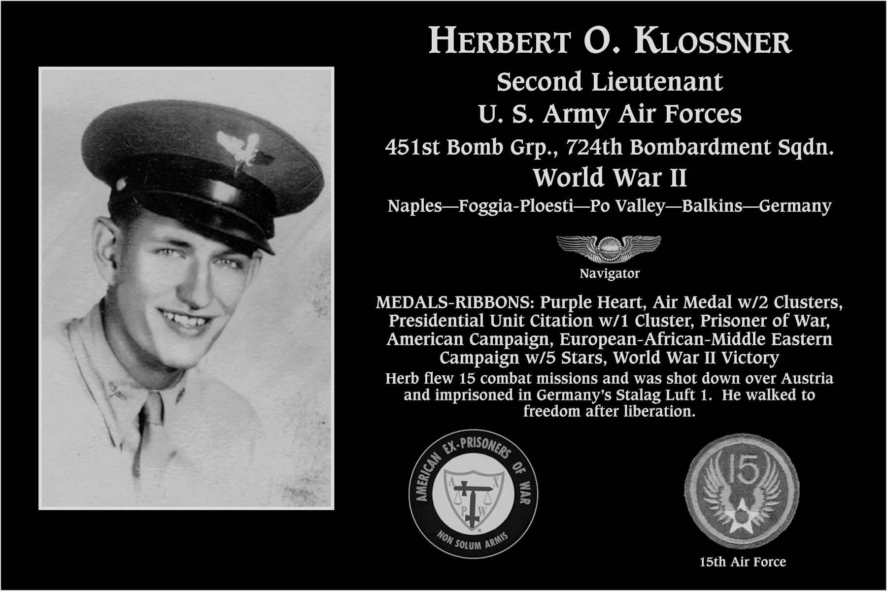Second Lieutenant Herbert O Klossner | Mt. Soledad Virtual Plaque