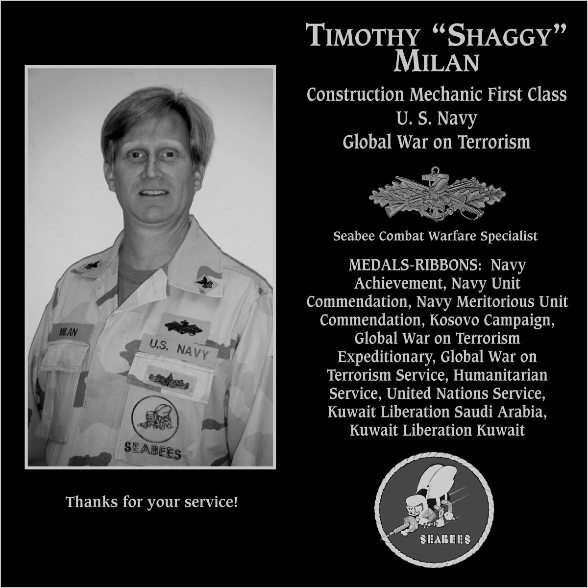 Petty Officer First Class Timothy Milan | Mt. Soledad Virtual Plaque