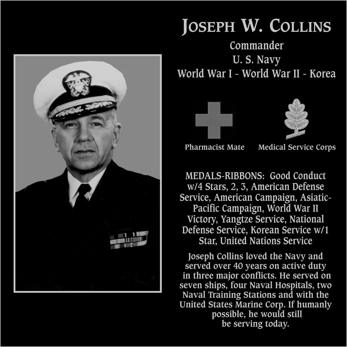 Commander Joseph W Collins | Mt. Soledad Virtual Plaque
