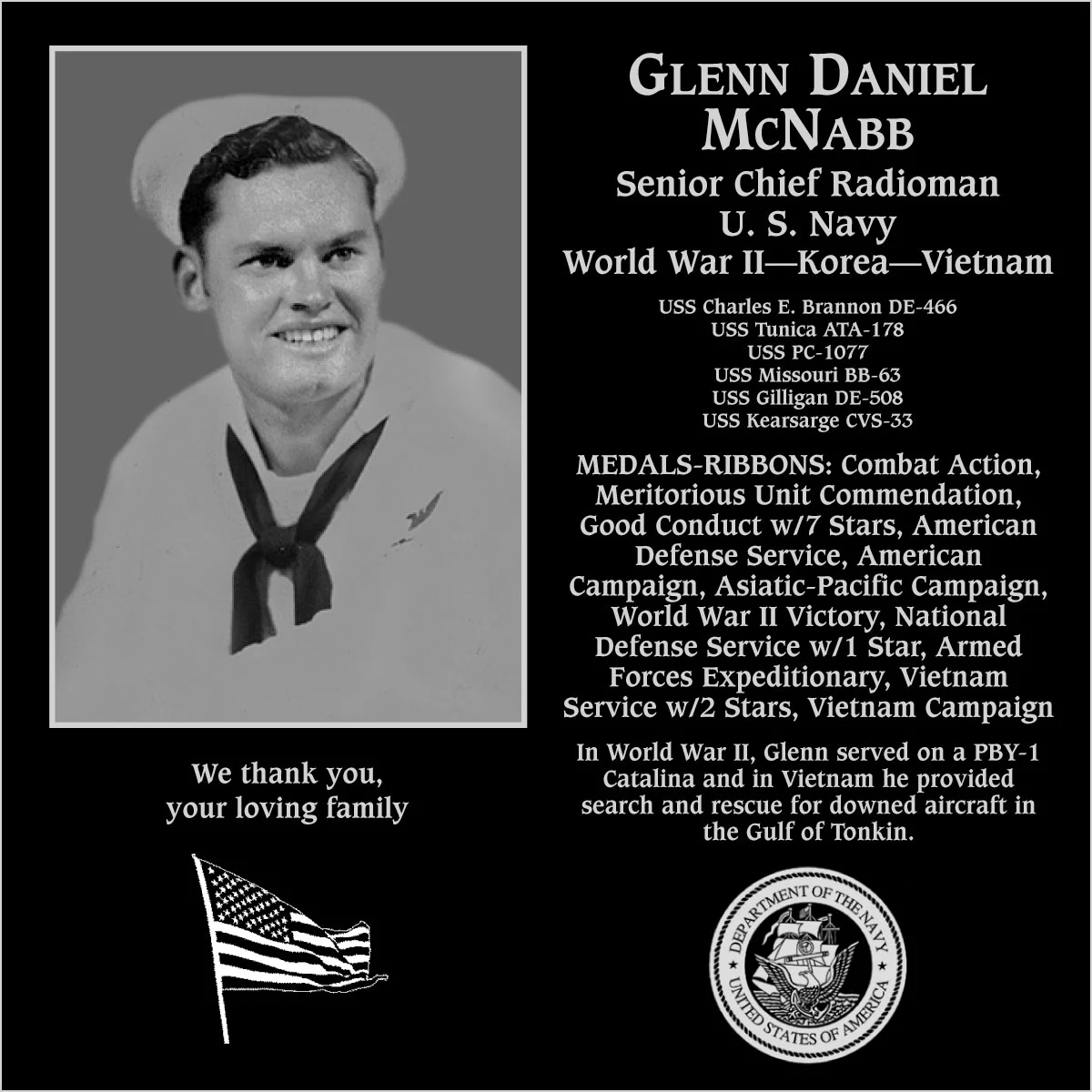 Senior Chief Petty Officer Glenn Daniel McNabb | Mt. Soledad Virtual Plaque