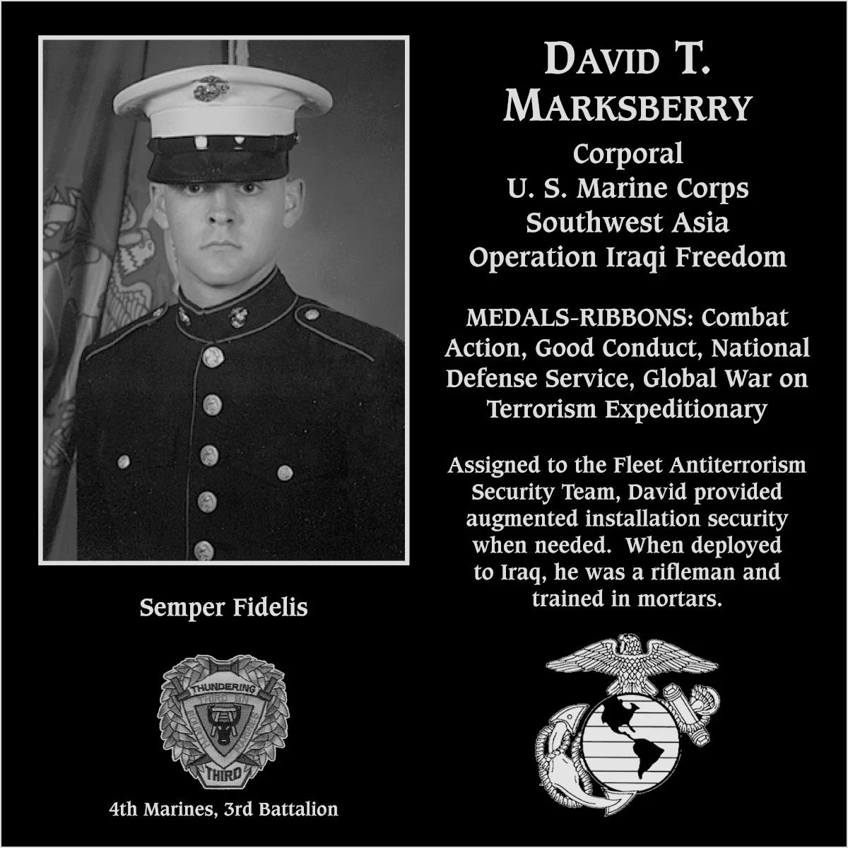 Corporal David T Marksberry | Mt. Soledad Virtual Plaque