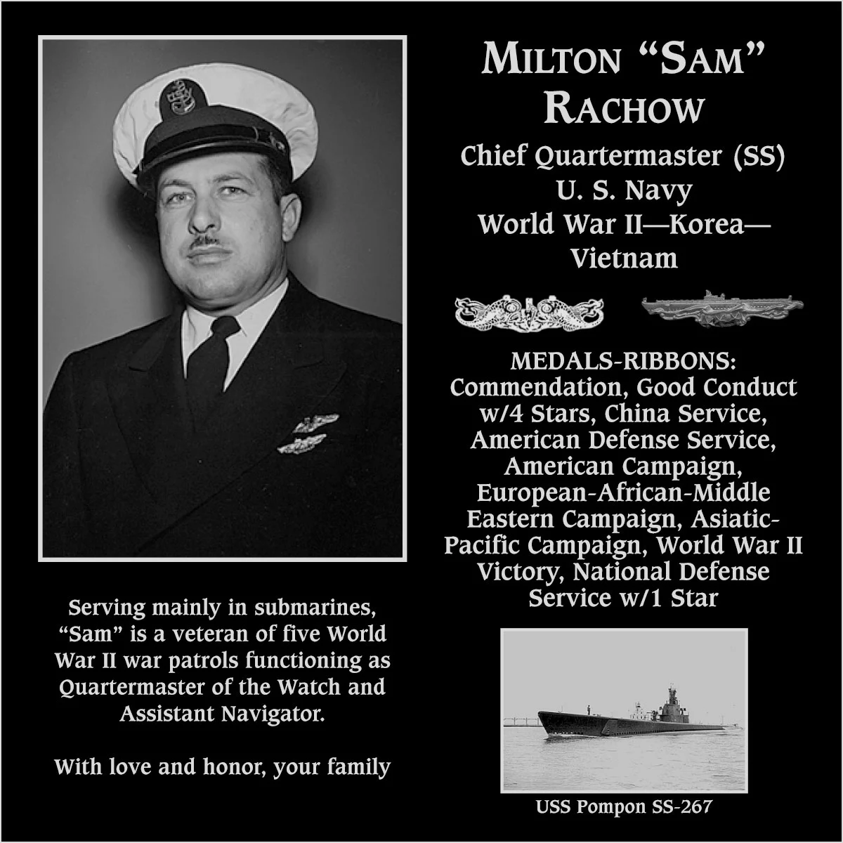 Chief Petty Officer Milton Rachow | Mt. Soledad Virtual Plaque