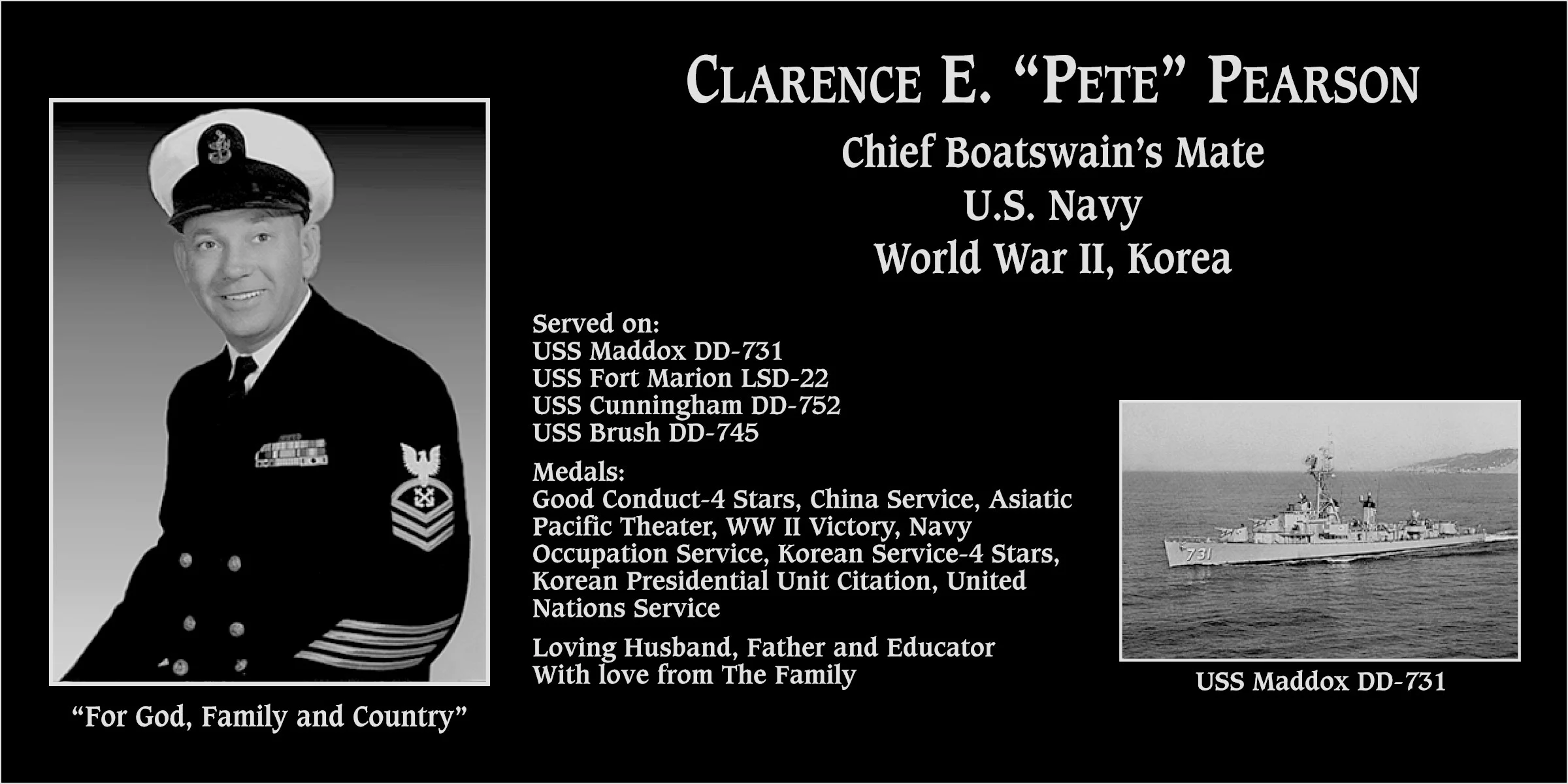 Chief Petty Officer Clarence E Pearson | Mt. Soledad Virtual Plaque