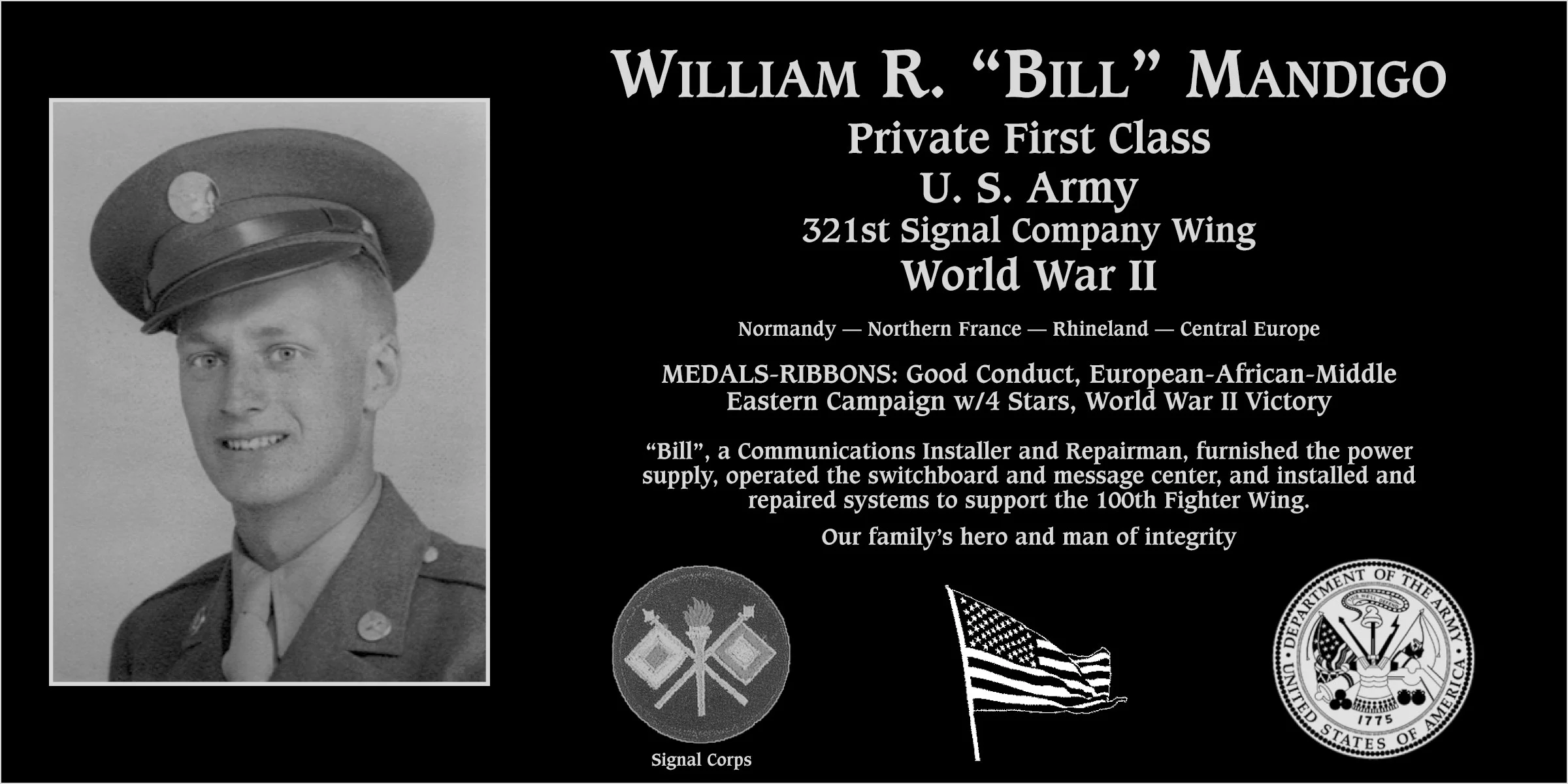 Private First Class William R Mandigo | Mt. Soledad Virtual Plaque