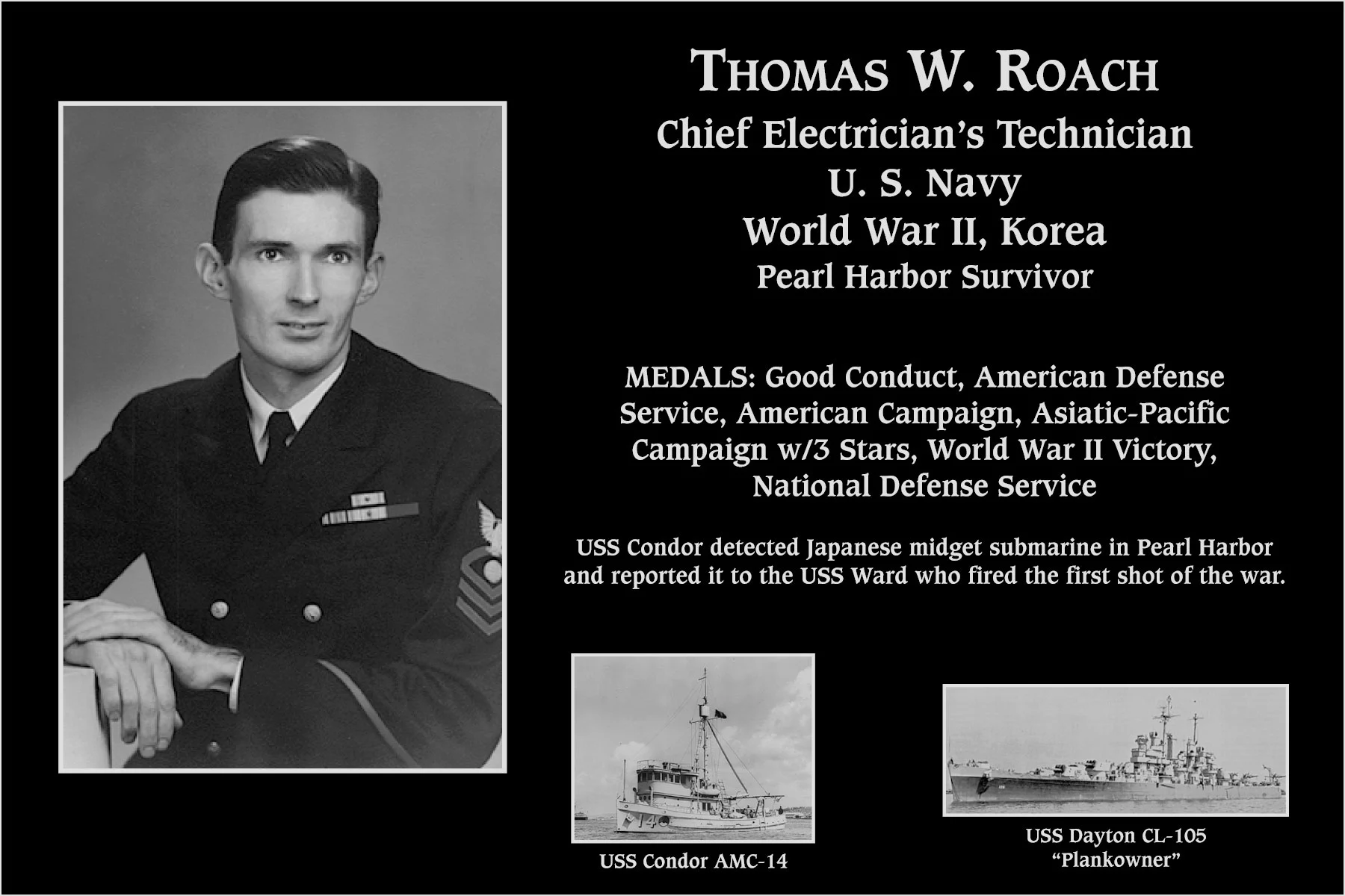 Chief Petty Officer Thomas W Roach | Mt. Soledad Virtual Plaque
