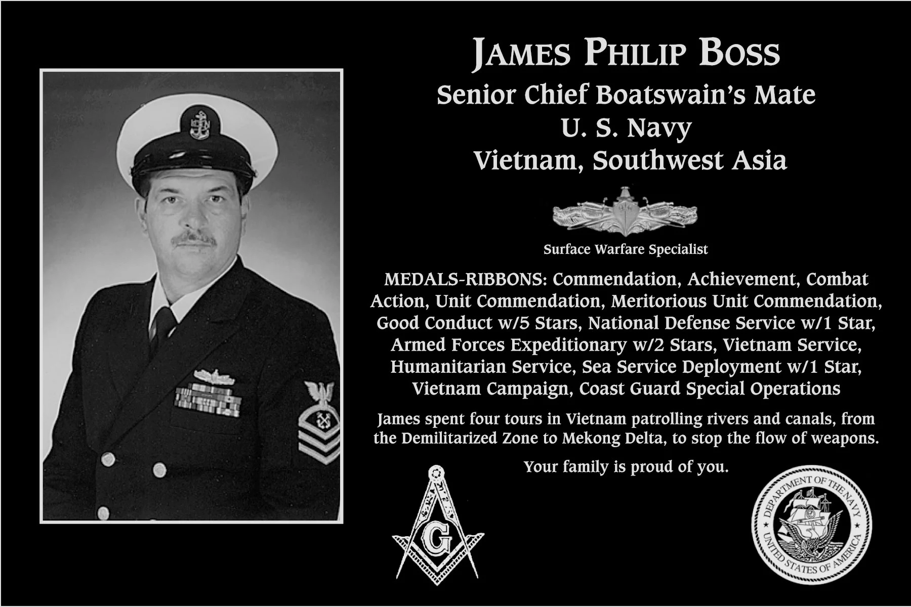Senior Chief Petty Officer James Philip Boss | Mt. Soledad Virtual Plaque