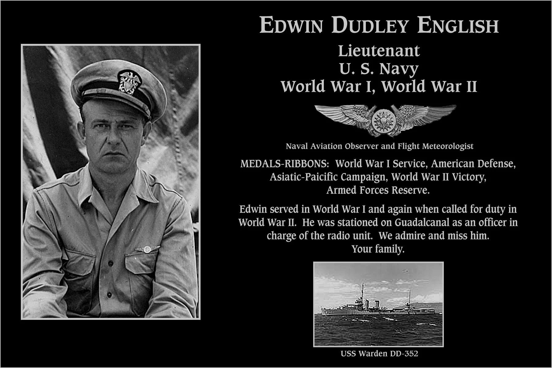Lieutenant Edwin Dudley English | Mt. Soledad Virtual Plaque