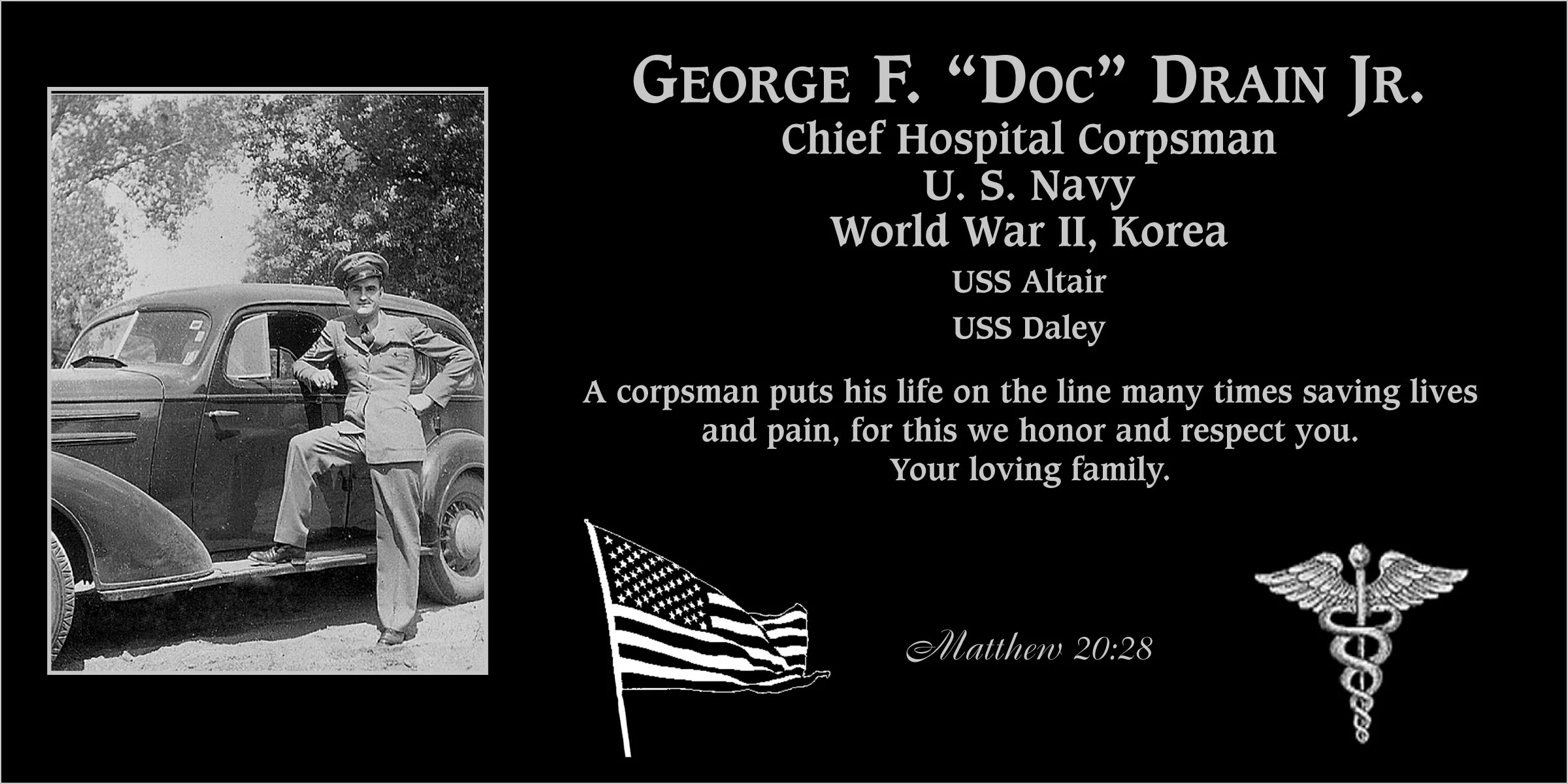 Chief Petty Officer George F. "Doc" Drain Jr. | Mt. Soledad Virtual Plaque