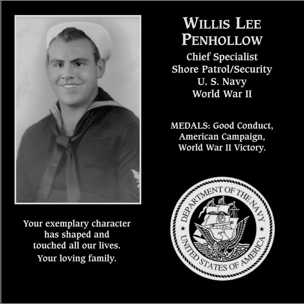 Chief Petty Officer Willis Lee Penhollow | Mt. Soledad Virtual Plaque