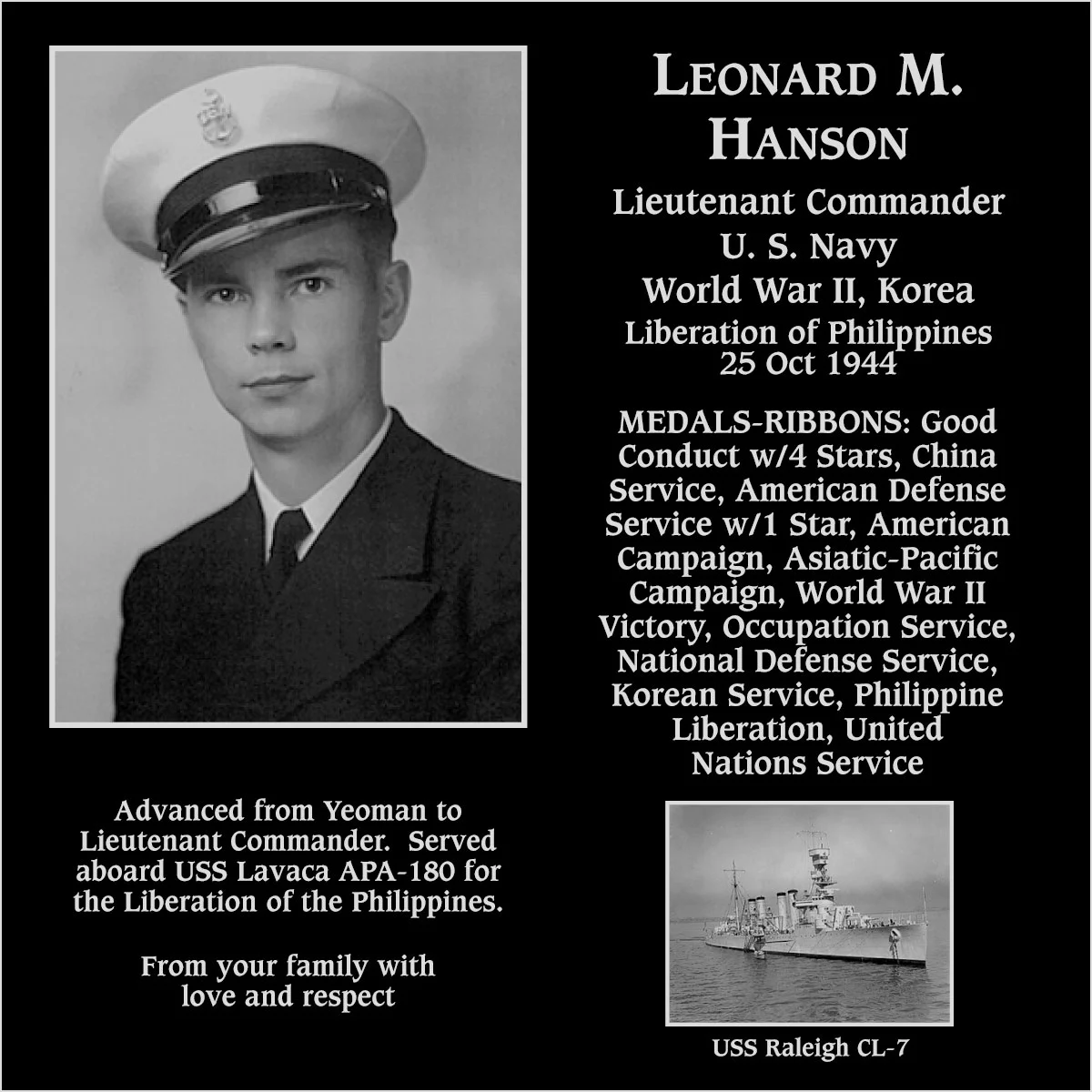 Lieutenant Commander Leonard M Hanson | Mt. Soledad Virtual Plaque