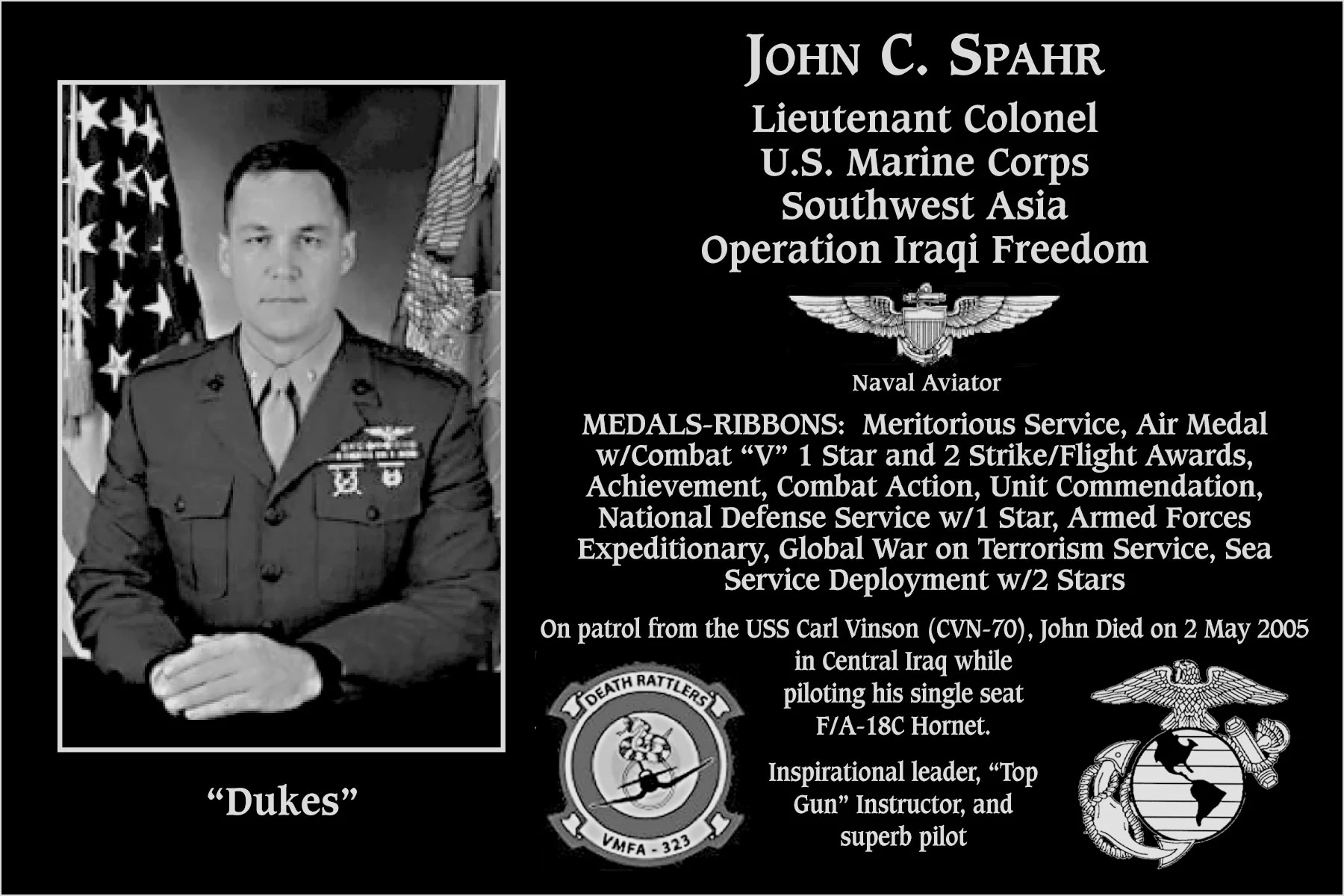 Lieutenant Colonel John C Spahr | Mt. Soledad Virtual Plaque
