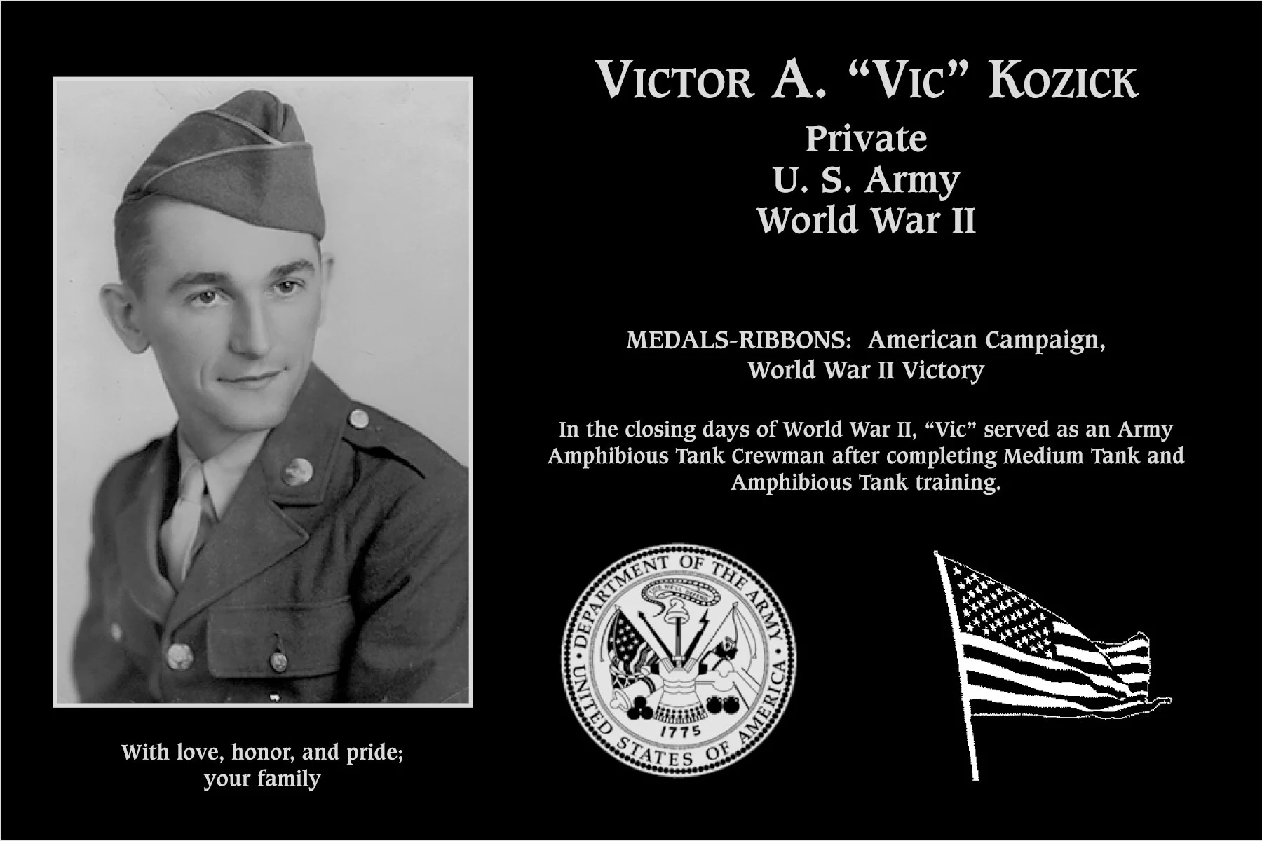 Private Victor A Kozick | Mt. Soledad Virtual Plaque