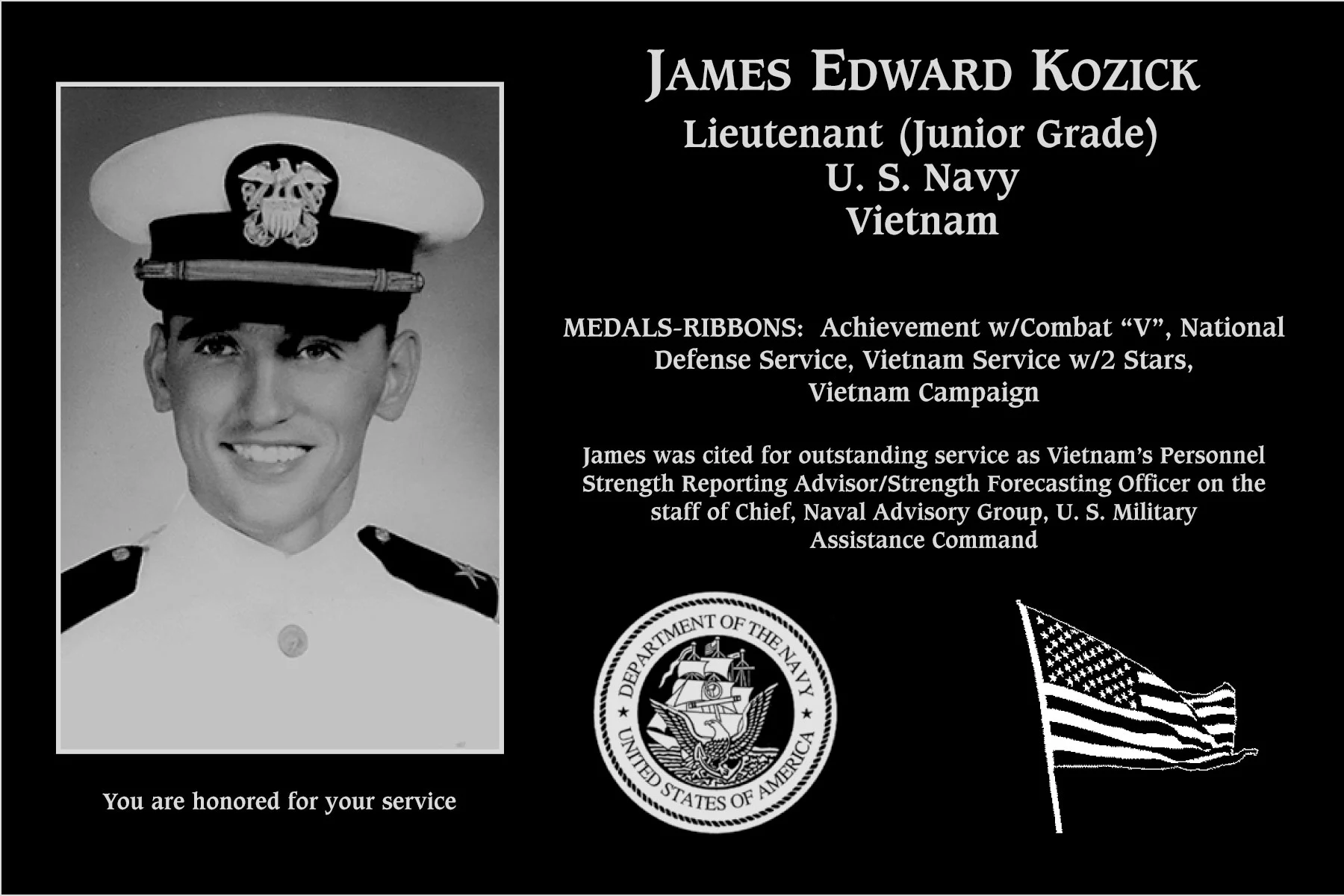 Lieutenant, Junior Grade James Edward Kozick | Mt. Soledad Virtual Plaque