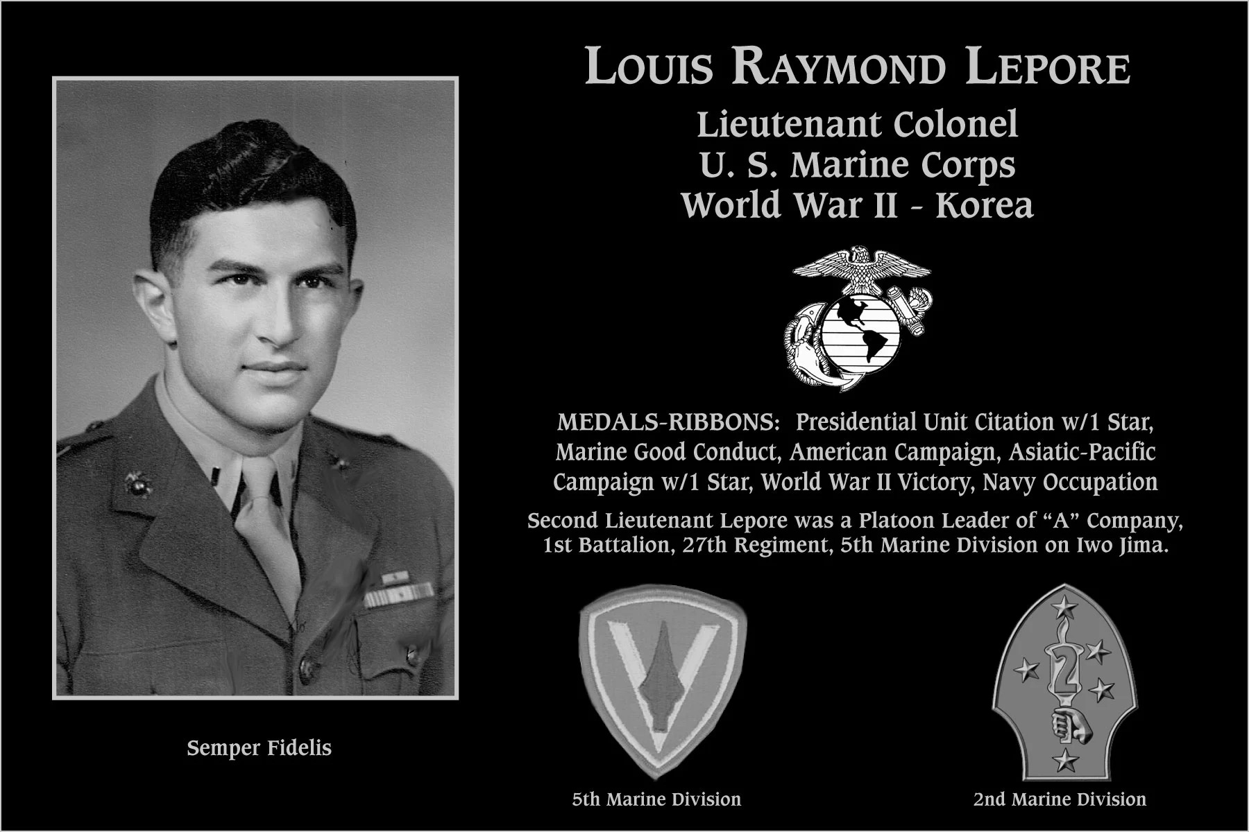 Lieutenant Colonel Louis Raymond Lepore | Mt. Soledad Virtual Plaque