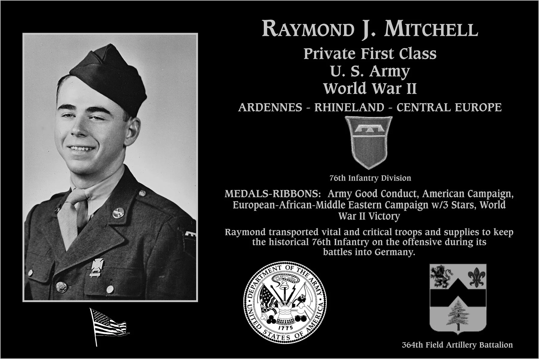 Private First Class Raymond J Mitchell | Mt. Soledad Virtual Plaque