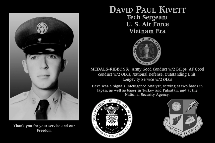 Technical Sergeant David Paul Kivett | Mt. Soledad Virtual Plaque