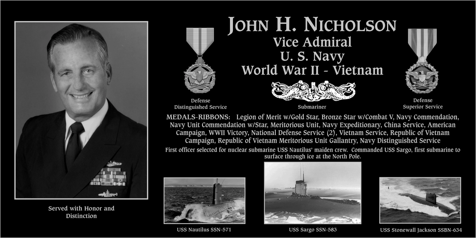 Vice Admiral John H. Nicholson | Mt. Soledad Virtual Plaque
