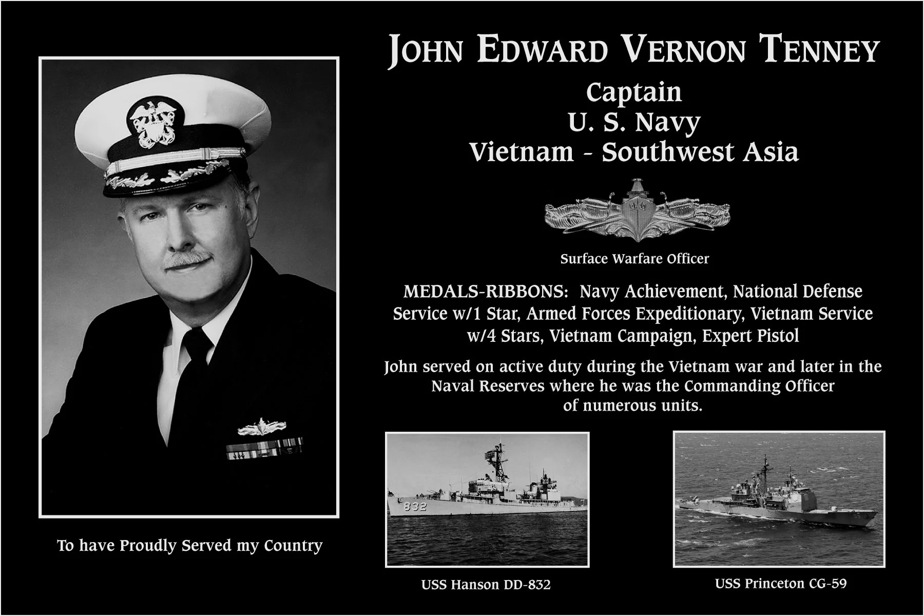 Captain John Edward Vernon Tenney | Mt. Soledad Virtual Plaque