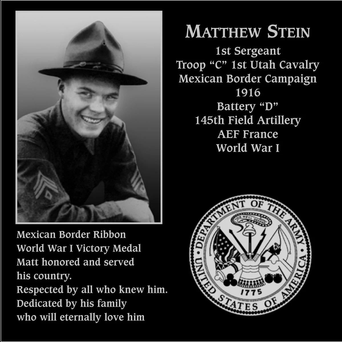 First Sergeant Matthew Stein | Mt. Soledad Virtual Plaque