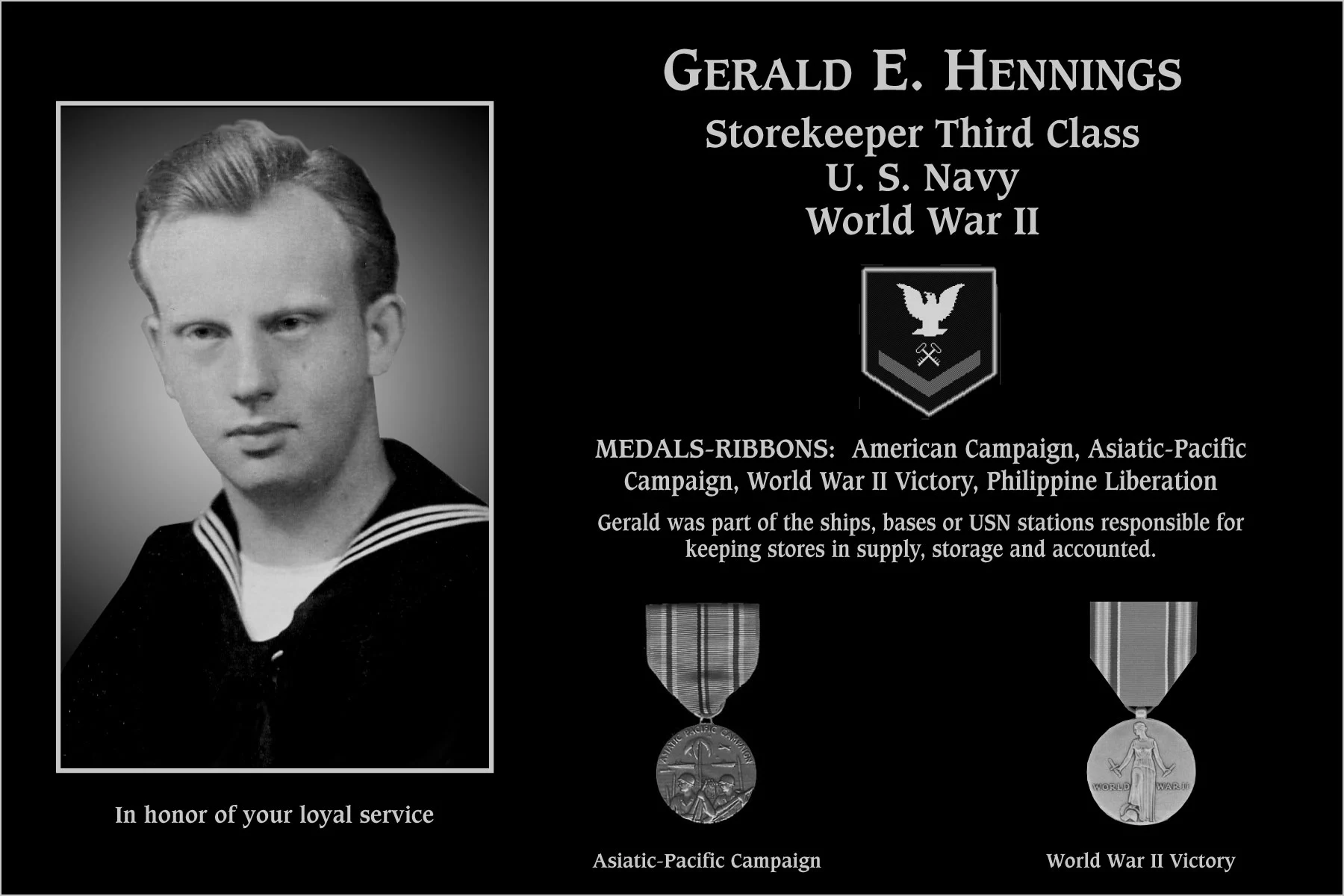 Petty Officer Third Class Gerald E Hennings | Mt. Soledad Virtual Plaque