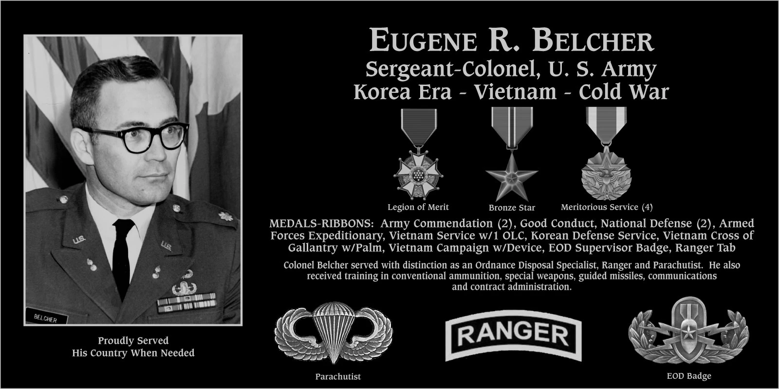 Colonel Eugene R. Belcher | Mt. Soledad Virtual Plaque