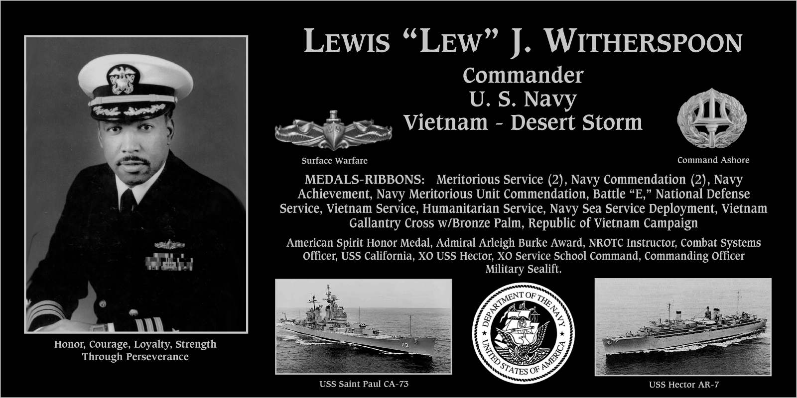 Commander Lewis J Witherspoon | Mt. Soledad Virtual Plaque