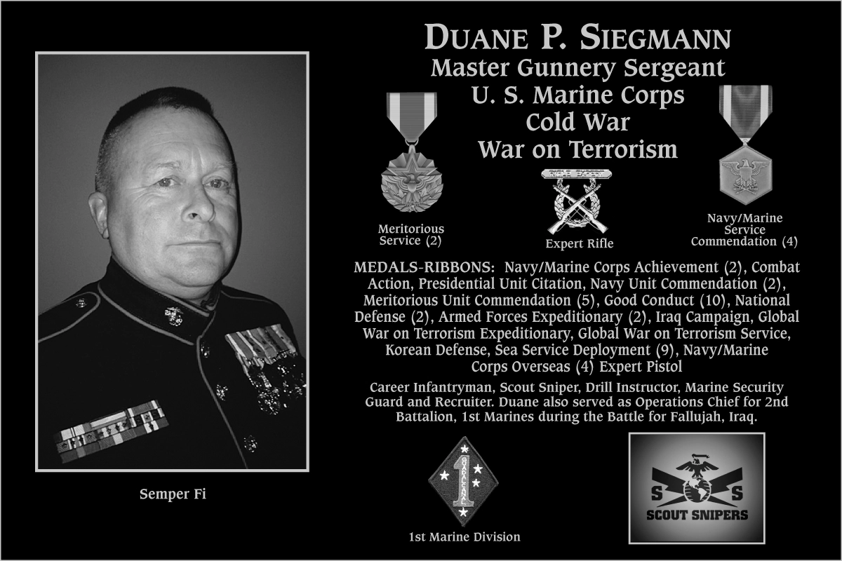 Master Gunnery Sergeant Duane P. Siegmann | Mt. Soledad Virtual Plaque