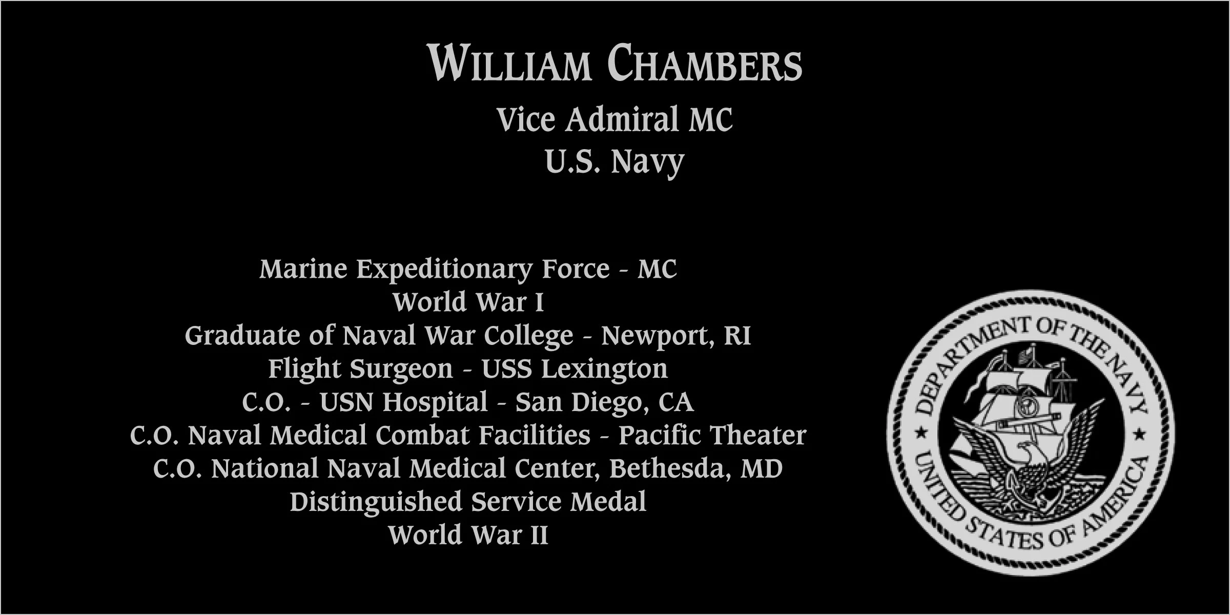 Vice Admiral William Chambers | Mt. Soledad Virtual Plaque